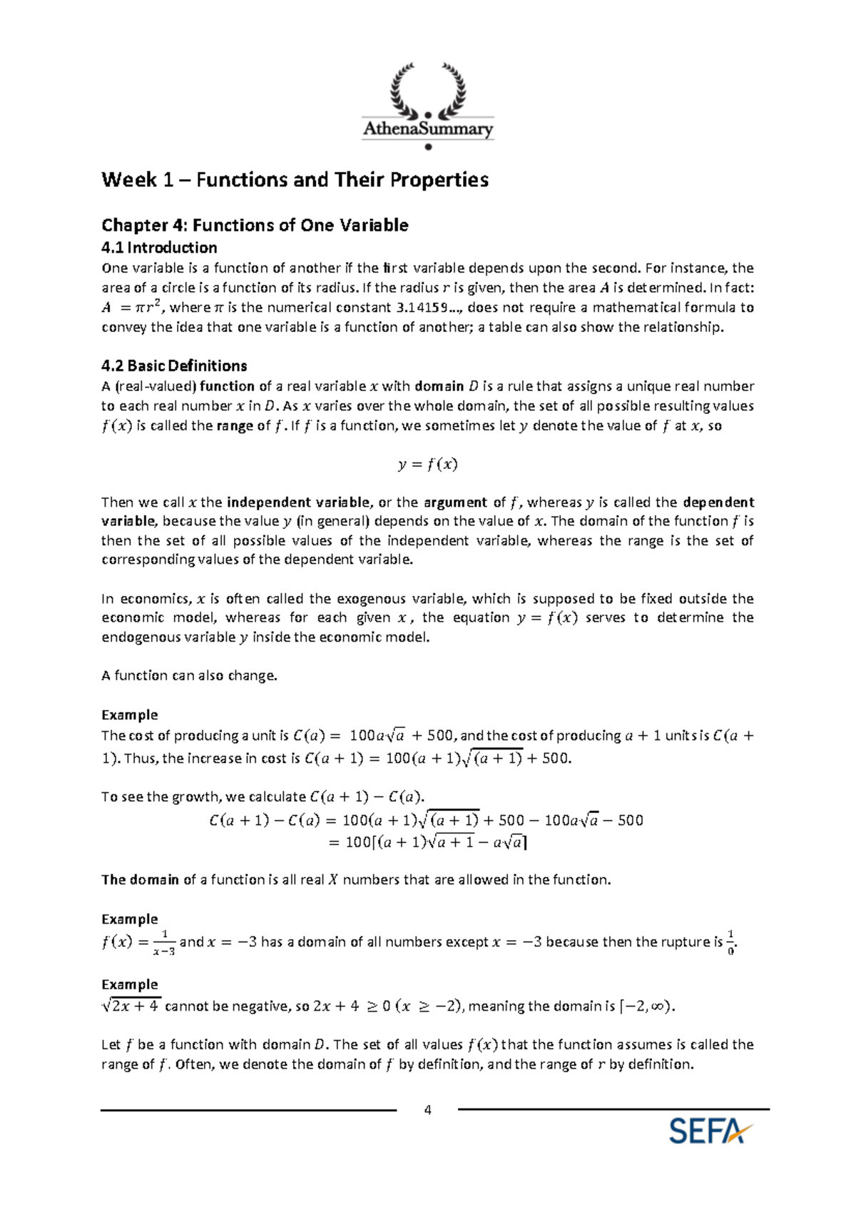 Math 1 Week 1 Functions Summary & Key Concepts - Studeersnel