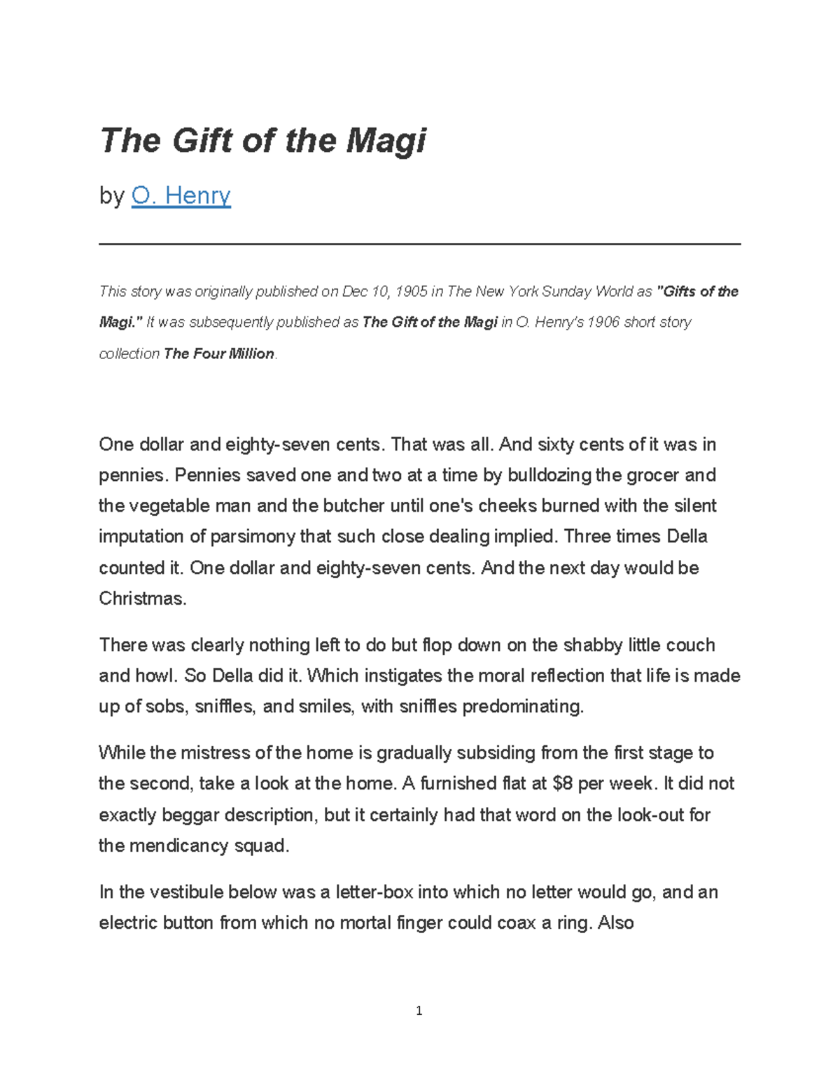 Reading Notes: Week 4 - The Gift of the Magi (O. Henry) - Studocu