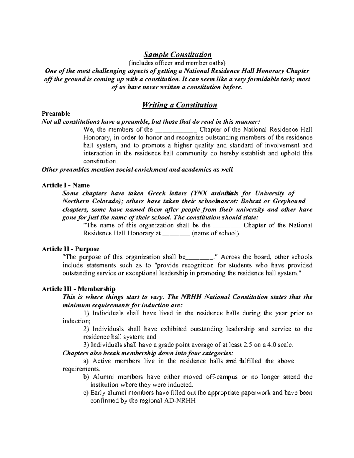 Sample Constitution for NRHH Chapter: Officer & Member Oaths - Studocu