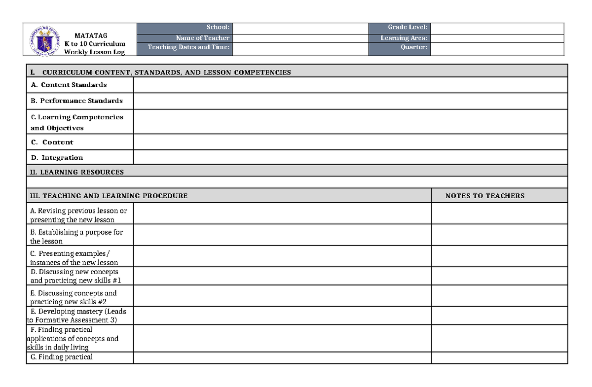 MATATAG Weekly Lesson Log (K to 10 Curriculum) - Studocu