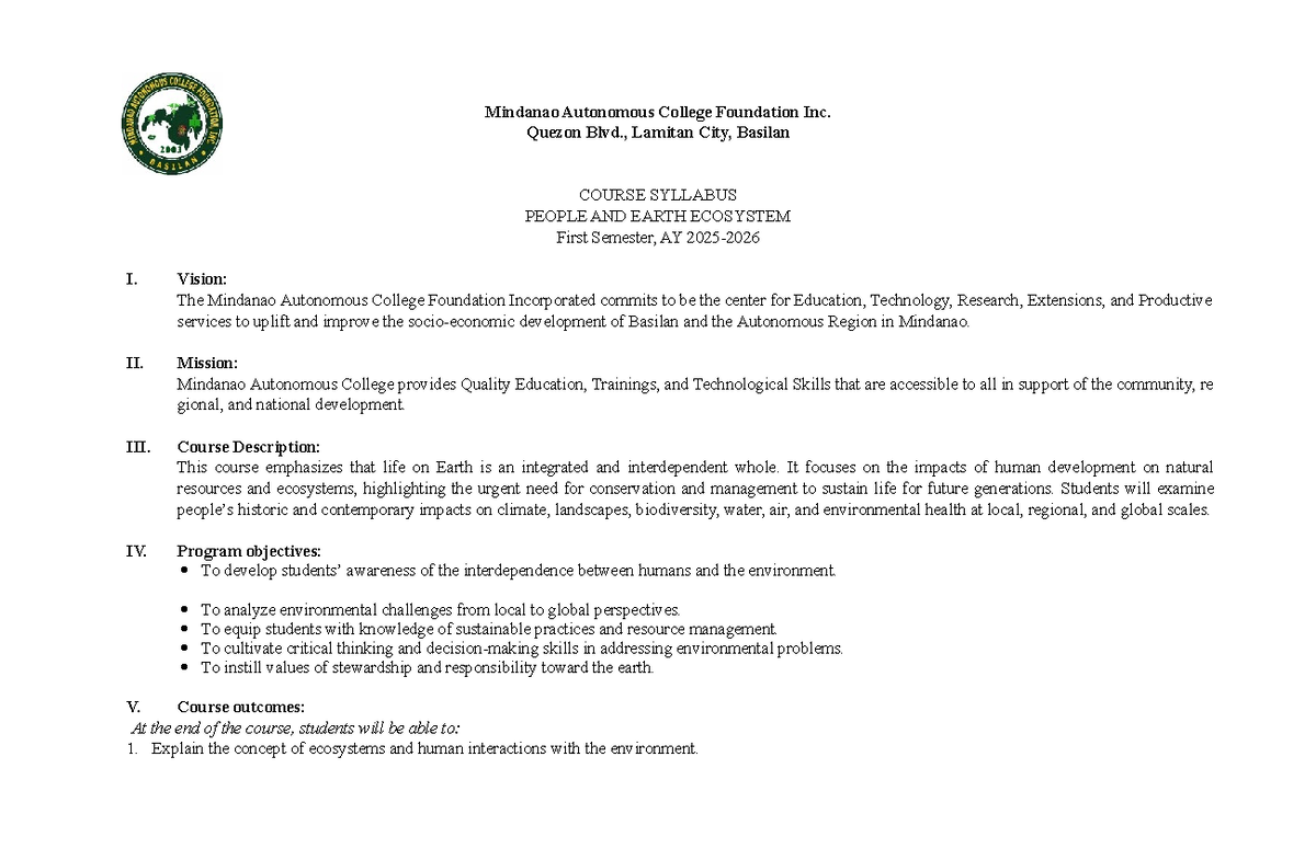 PEE Syllabus - People and Earth Ecosystem (1st Sem, AY) - Studocu