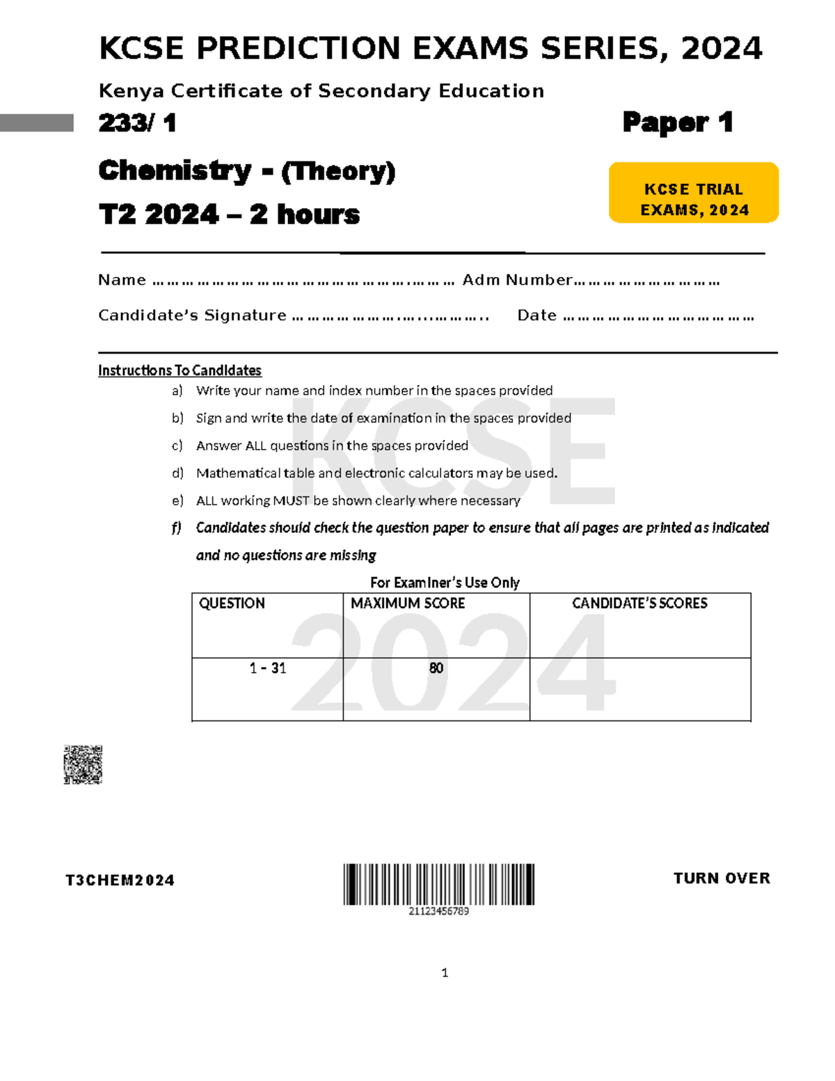 KCSE 2024 Chemistry Paper 1 Prediction Exam Notes - Studocu