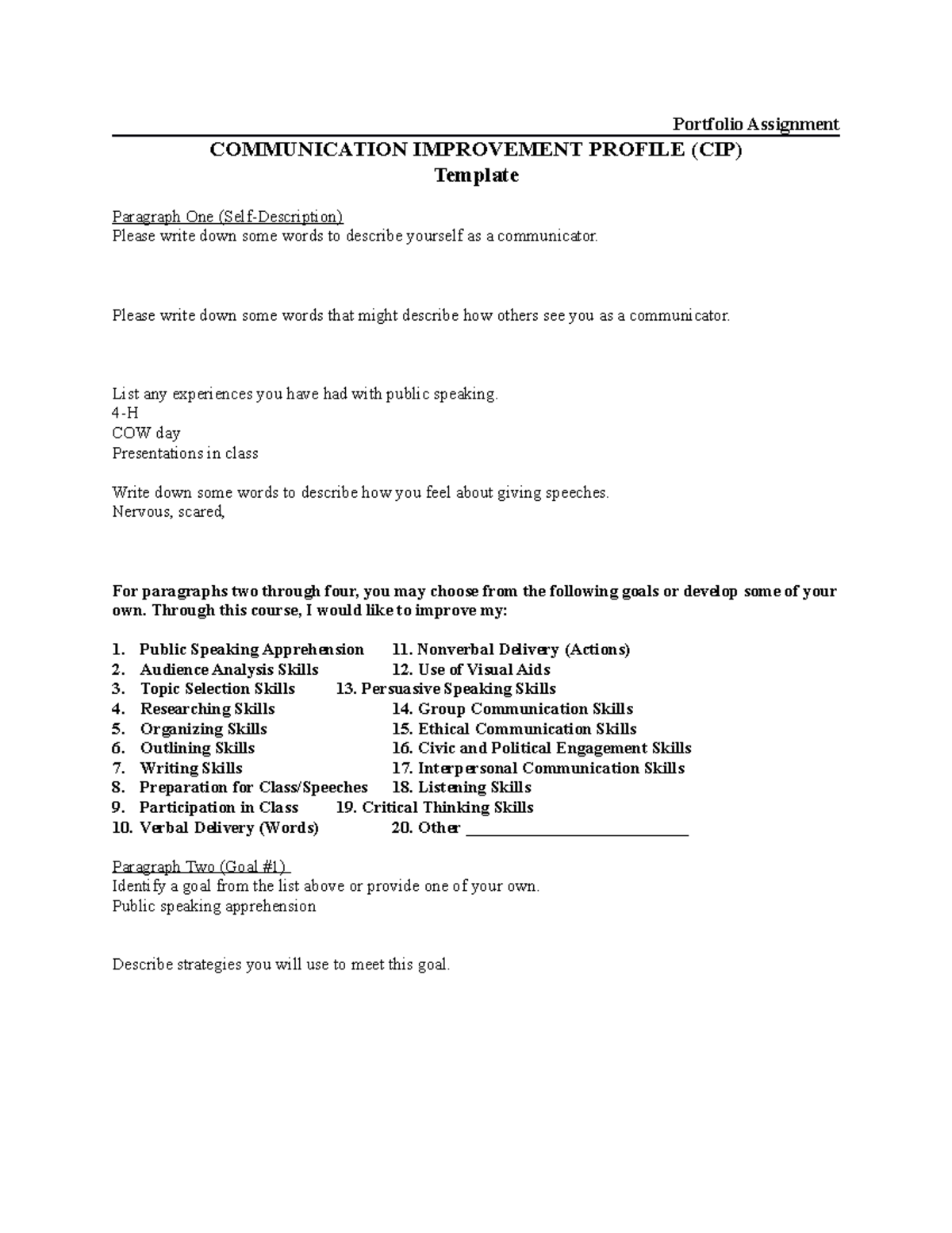 CIP Template for Communication Improvement Profile - COM 110 - Studocu