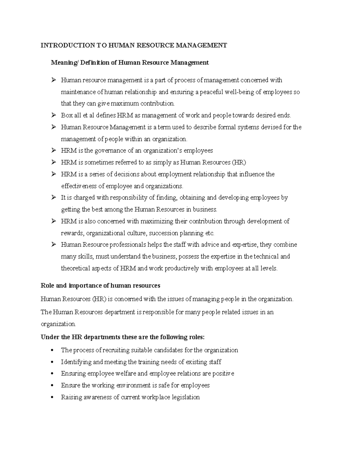 Introduction to HRM - Lecture Notes (HRM 101) - Studocu