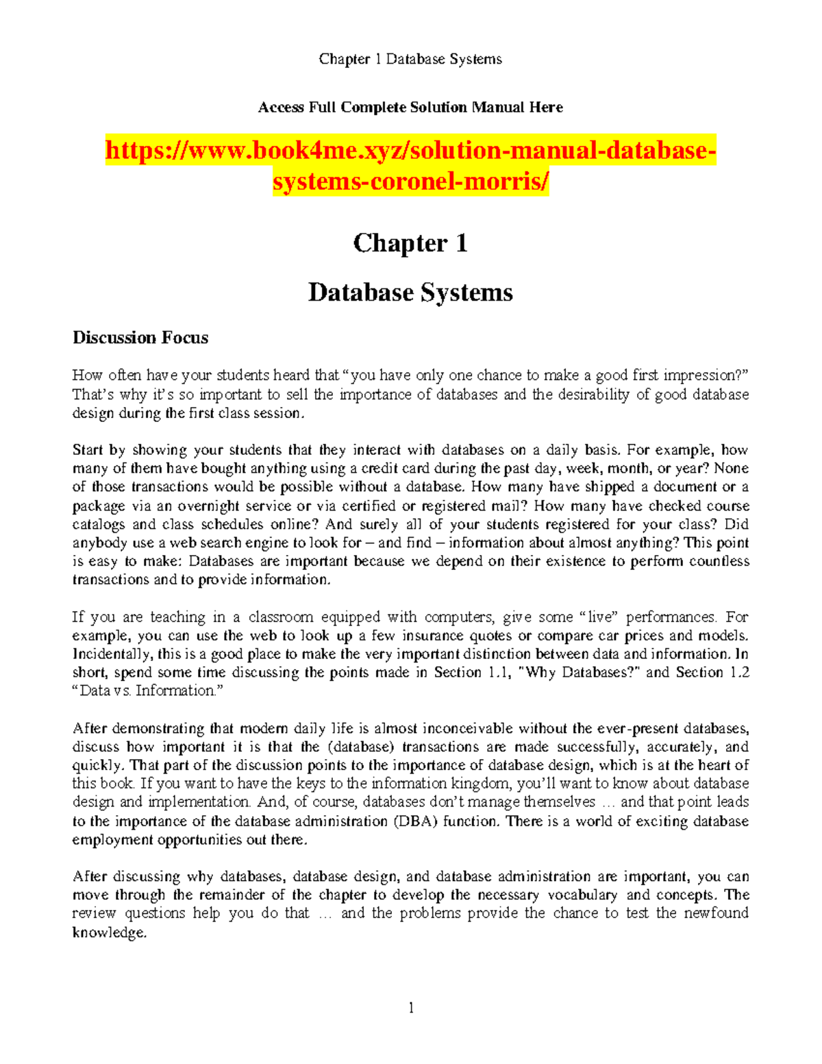 Database Systems 13th Ed. Solutions Manual by Coronel & Morris - Chap 1 Insights - Studocu