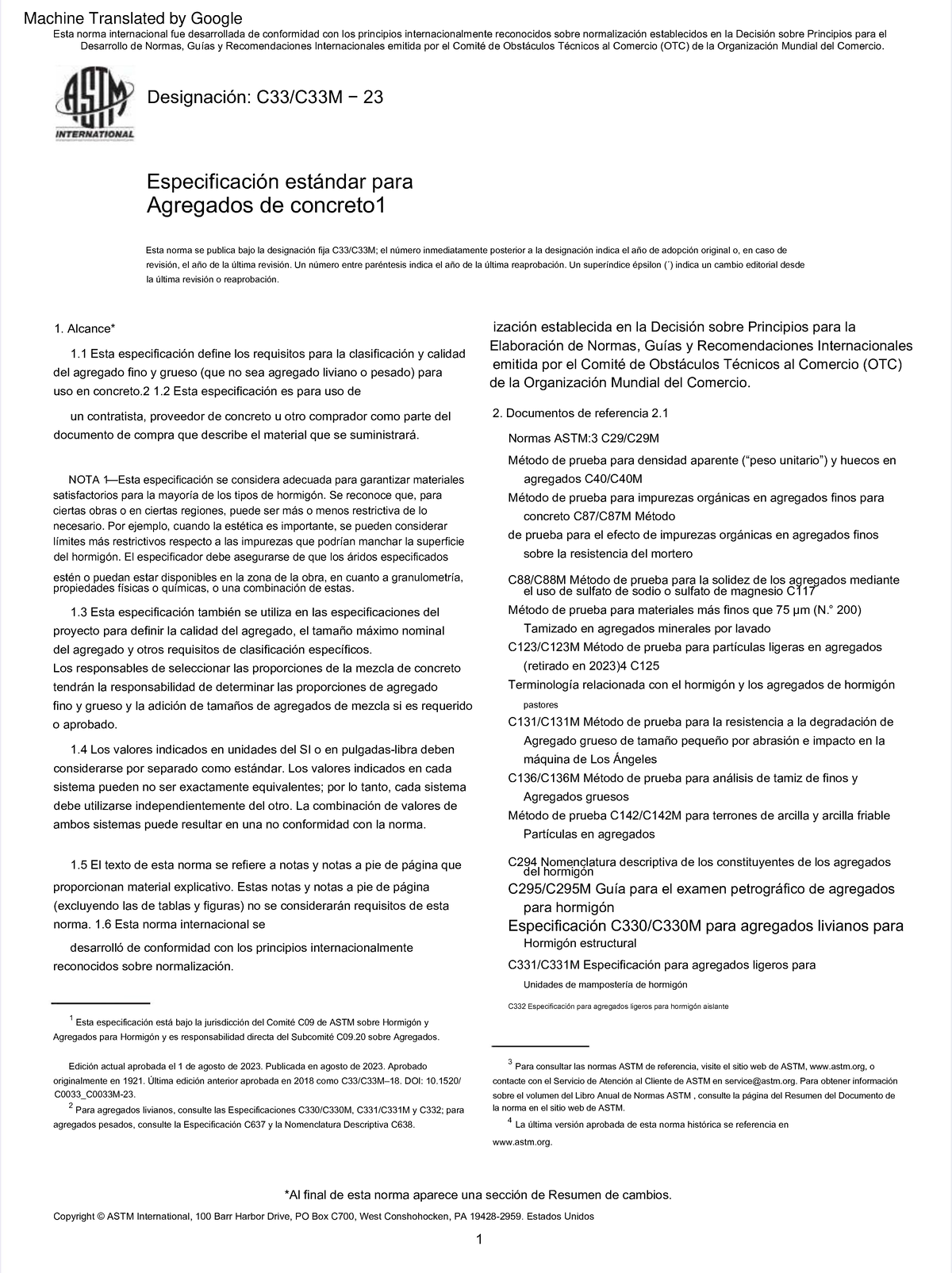 Especificación ASTM C33/C33M-23 para Agregados de Concreto - Studocu