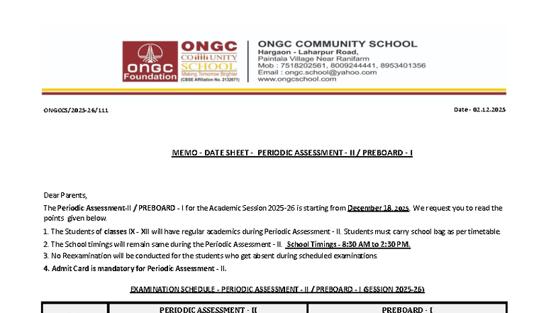 Memo: Periodic Assessment II & Preboard I Date Sheet (2025-26) - Studocu