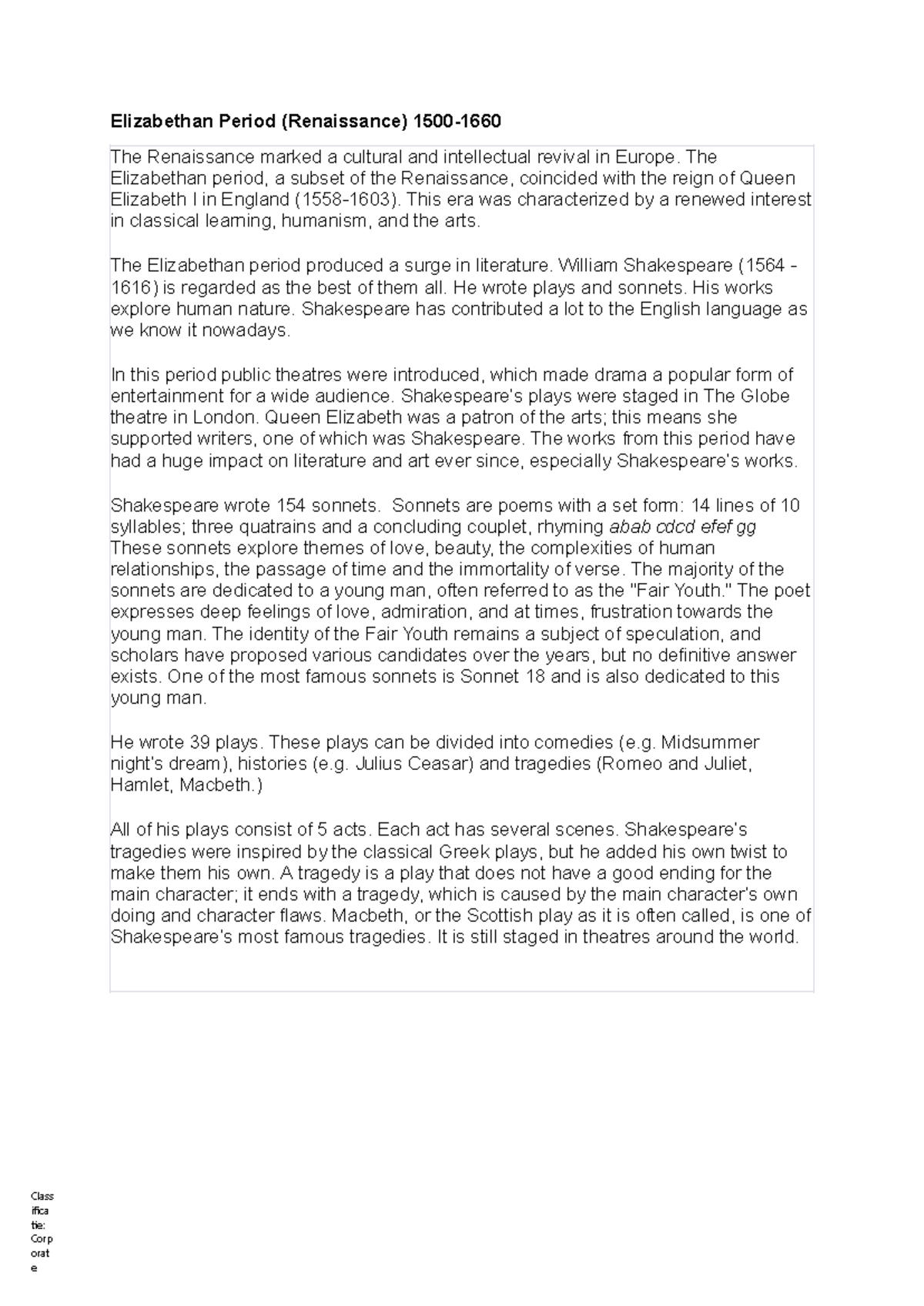 Elizabethan Period (Renaissance 1500-1660): A Study of Shakespeare and ...