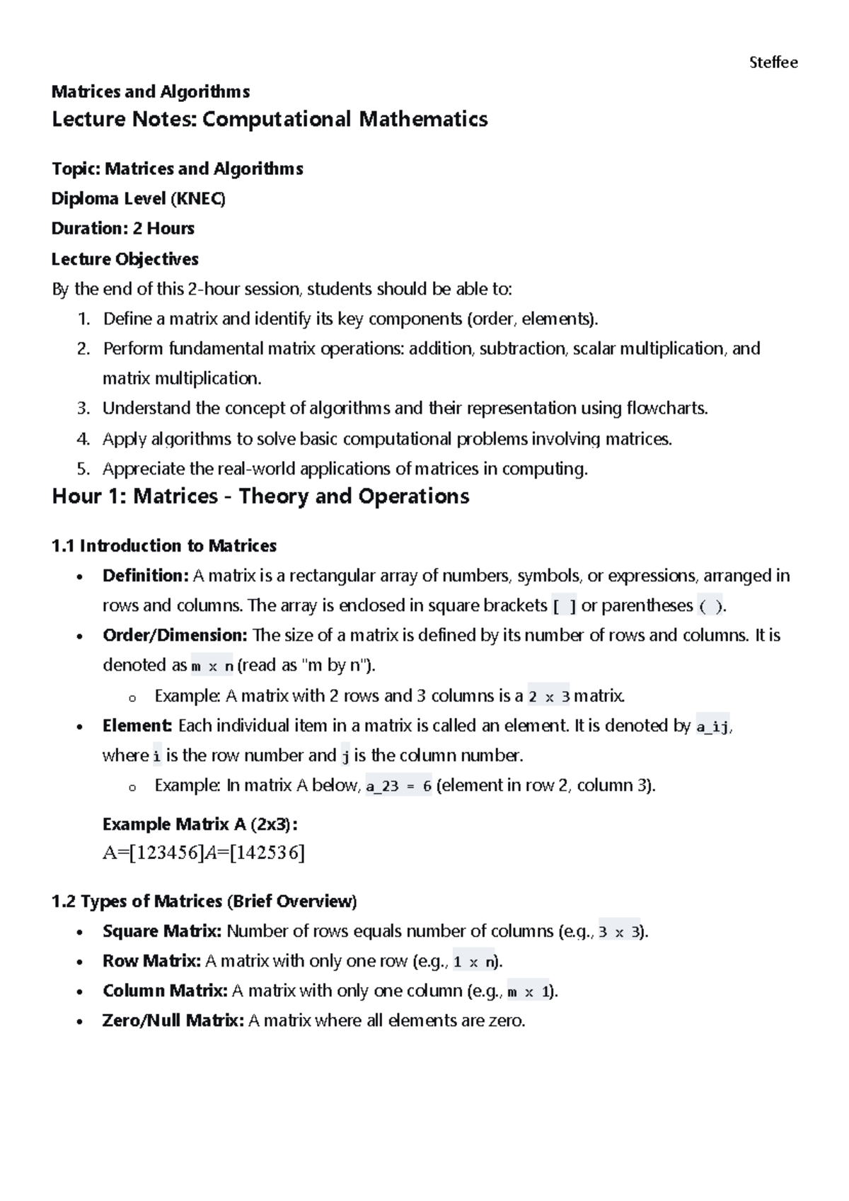 Computational Mathematics (KNEC): Matrices & Algorithms Lecture Notes ...