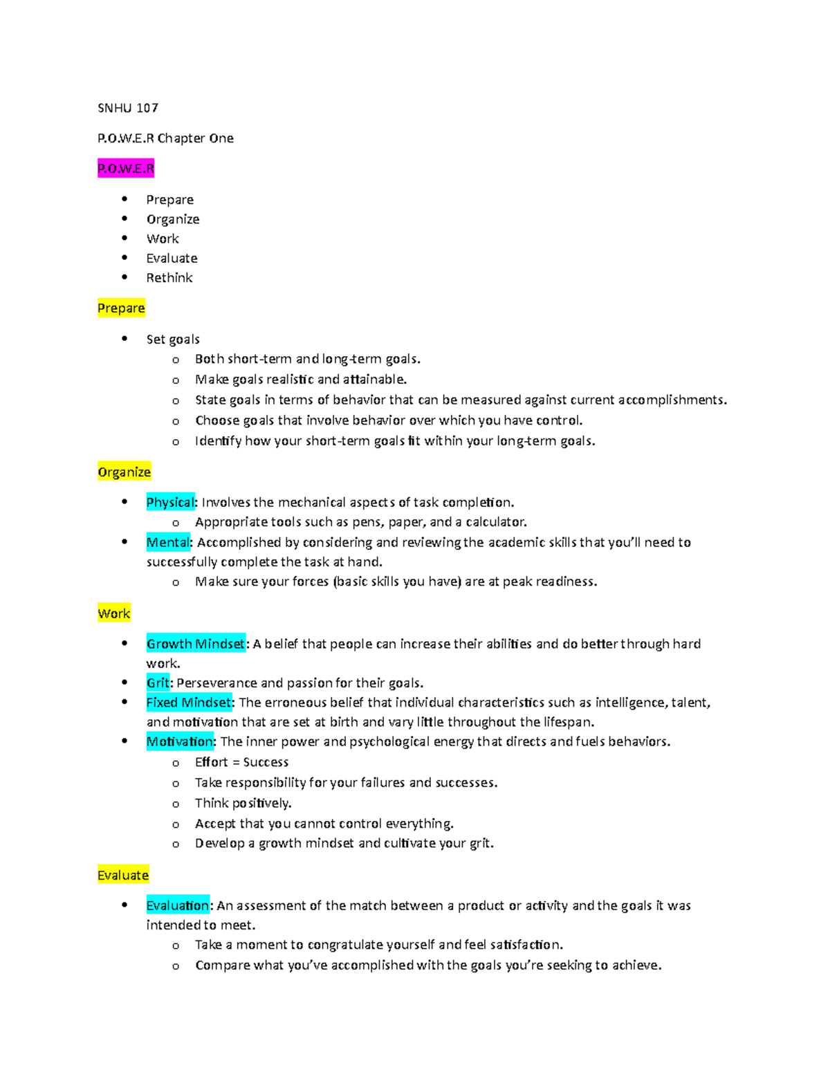 SNHU 107 Module 1 Study Notes: P.O.W.E.R Learning Framework - Studocu