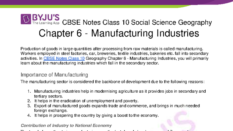 CBSE Class 10 Geography Notes: Chapter 6 - Manufacturing Industries ...