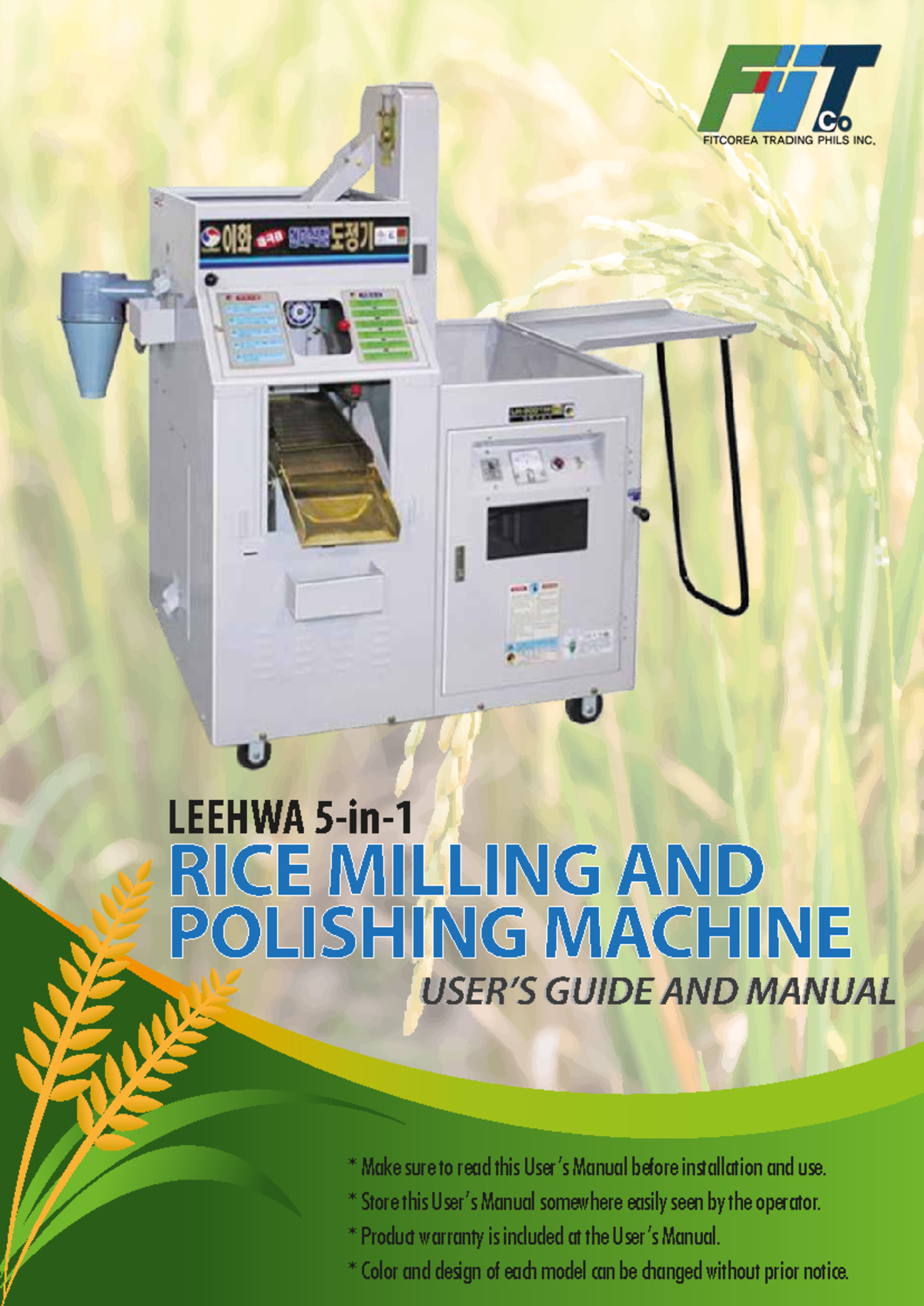 LEEHWA LH5001M 5-in-1 Rice Milling & Polishing Machine Manual - Studocu