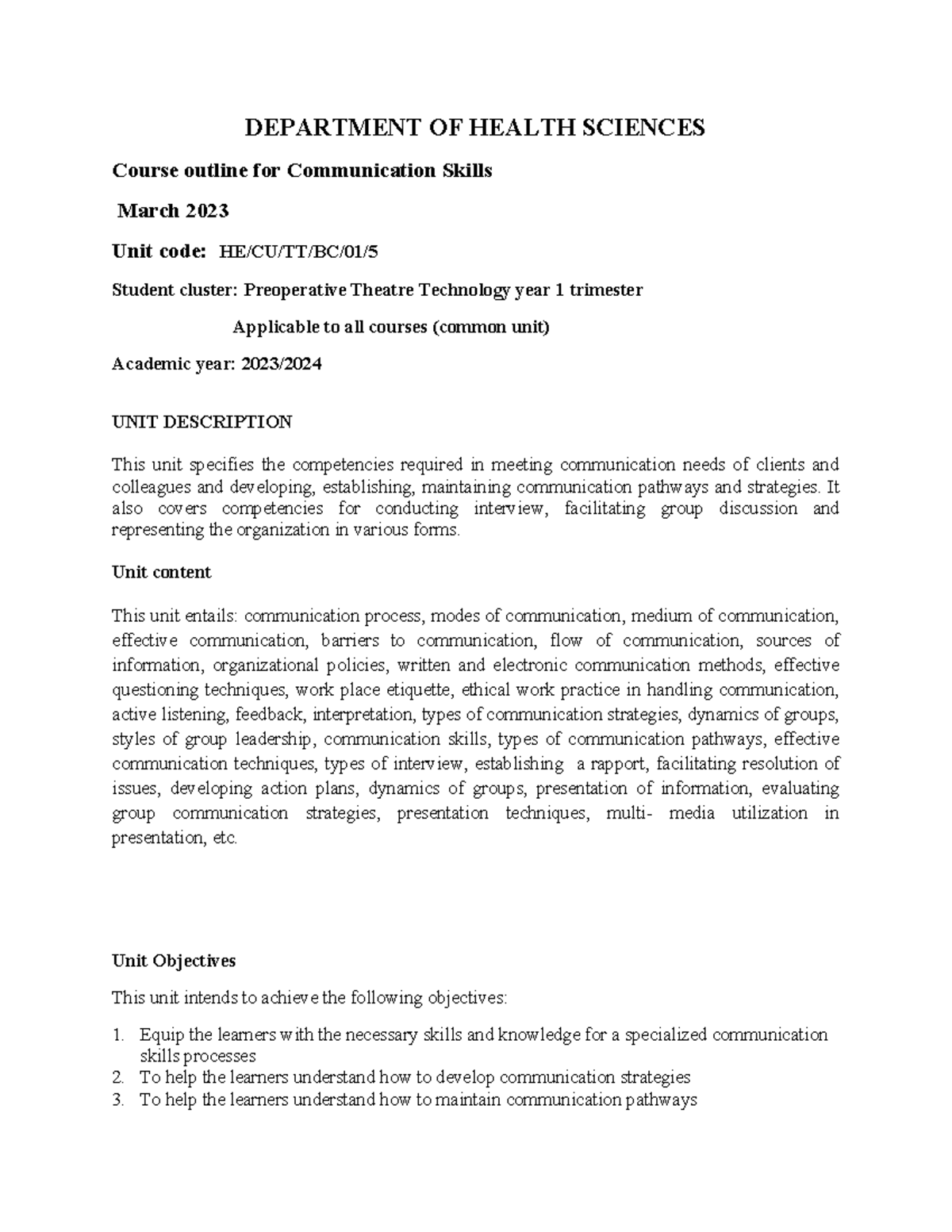 Communication Skills Course Outline - Health Sciences (March 2023 ...