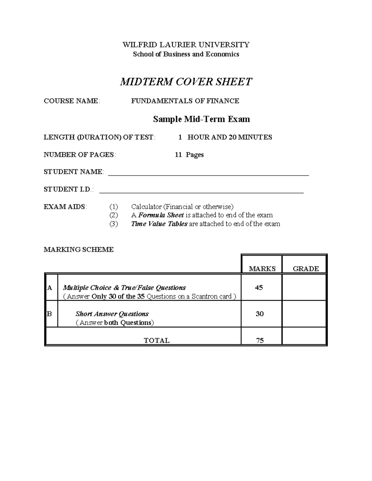 Sample Midterm Exam for Fundamentals of Finance (FIN301) - Studocu