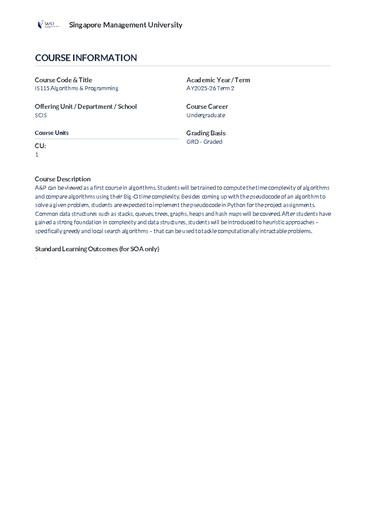 IS115 - Algorithms Programming Course Outline for Term 2 - Studocu