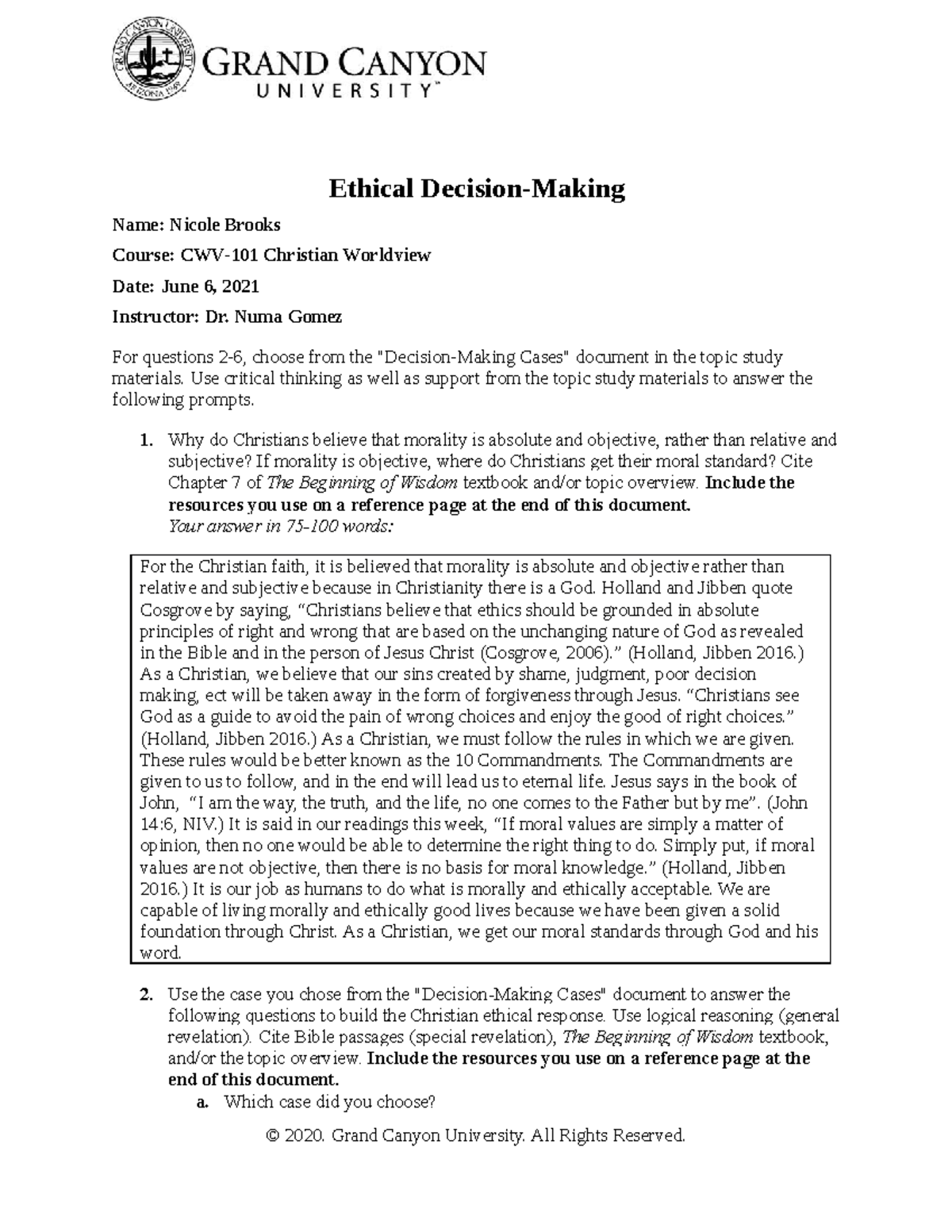 CWV-101 Final Exam: Ethical Decision Making in a Christian Context ...