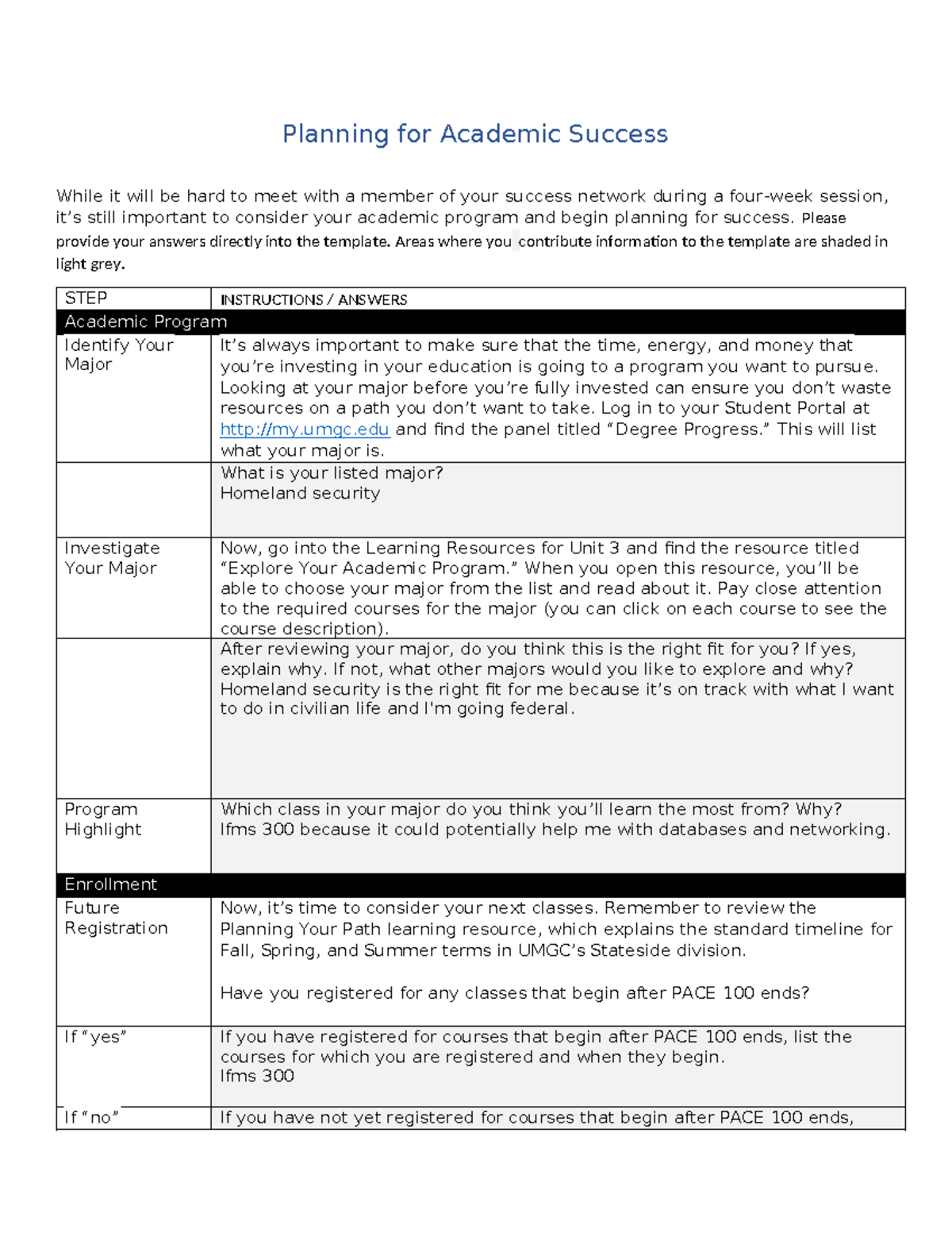 PACE 100 Unit 3: Planning for Academic Success and Major Exploration ...