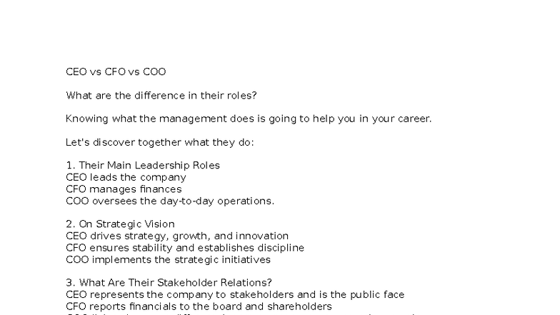 CEO vs CFO vs COO: Key Differences in Leadership Roles - Studocu