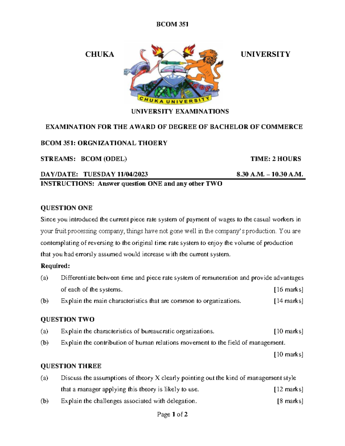 BCOM 351 - Past Paper on Organizational Theories and Management - Studocu