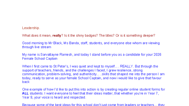 School Captain Speech 2026: Leadership Beyond Titles - Studocu