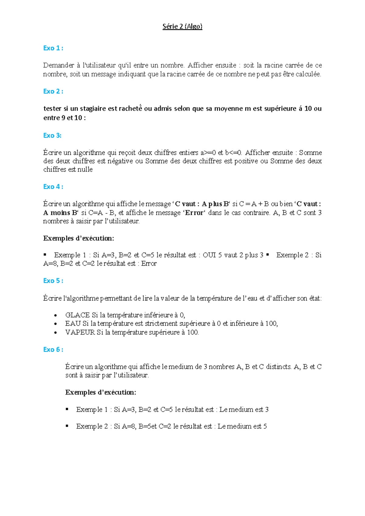 Série 2 - Exercices sur les Algorithmes (Algo) - Studocu