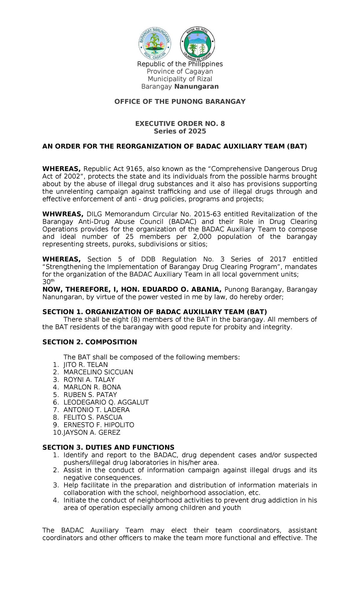 Executive Order No. 8: Reorganization of BADAC Auxiliary Team 2025 ...