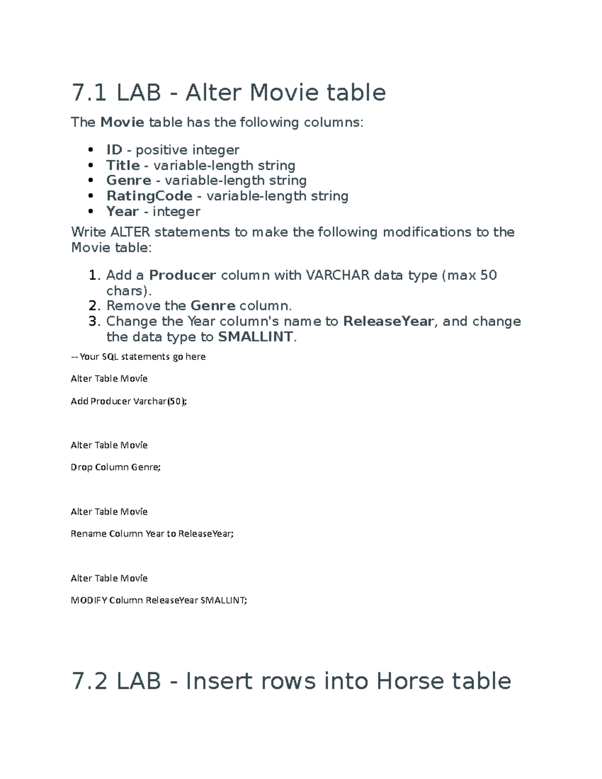 Zybook D427 Chapter 7 - SQL Lab Exercises on Movie and Horse Tables - Studocu