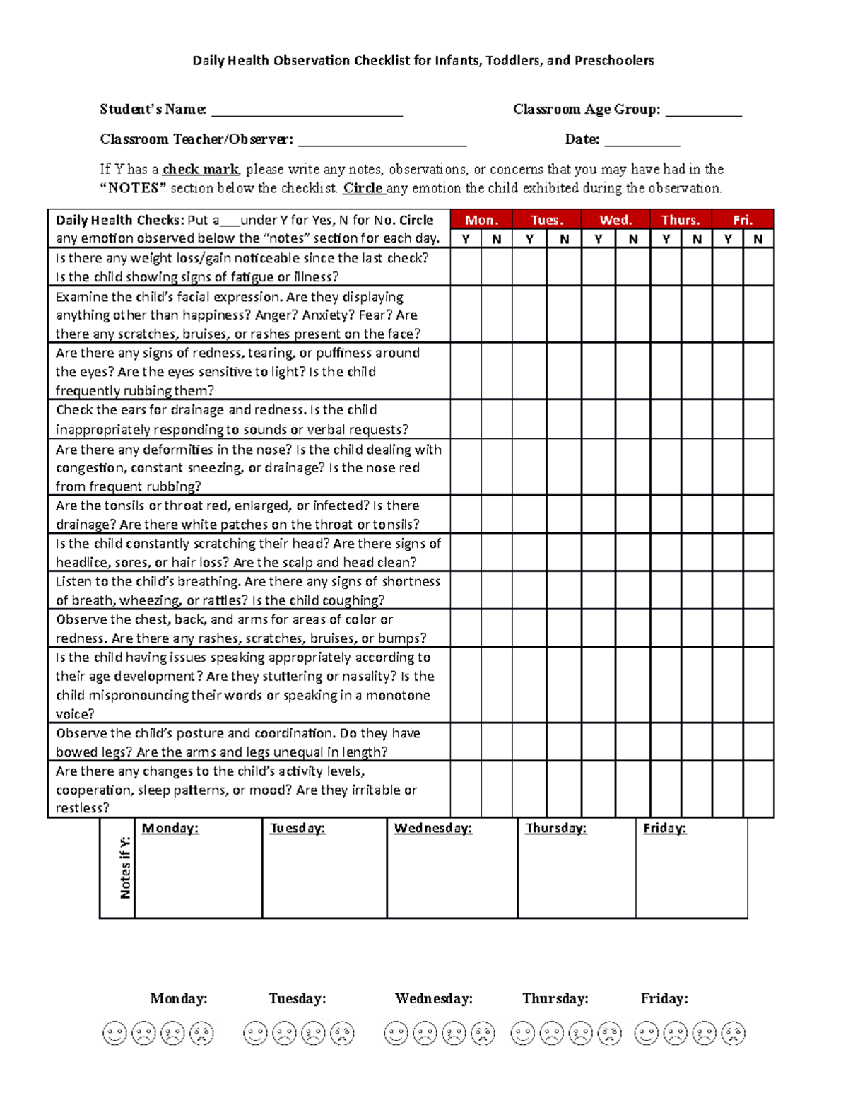 Daily Health Observation Checklist for Infants & Toddlers - Final - Studocu