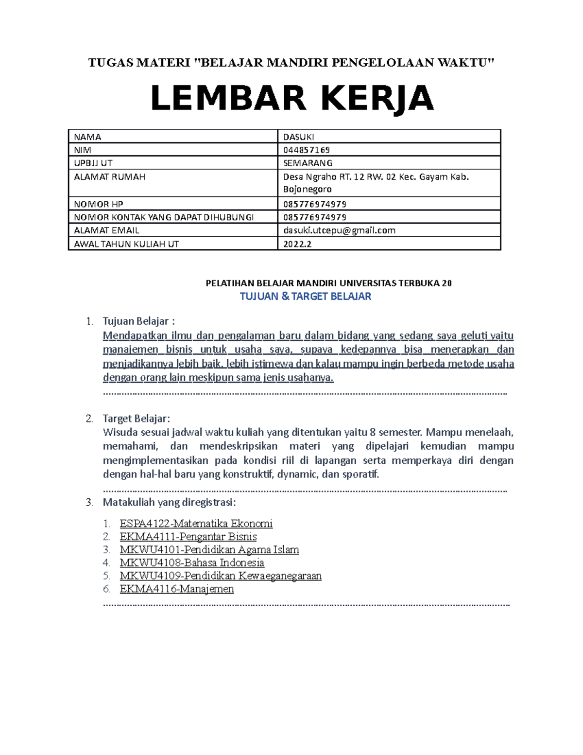 Lembar Kerja Belajar Mandiri Pengelolaan Waktu 2022 - Dasuki - Studocu