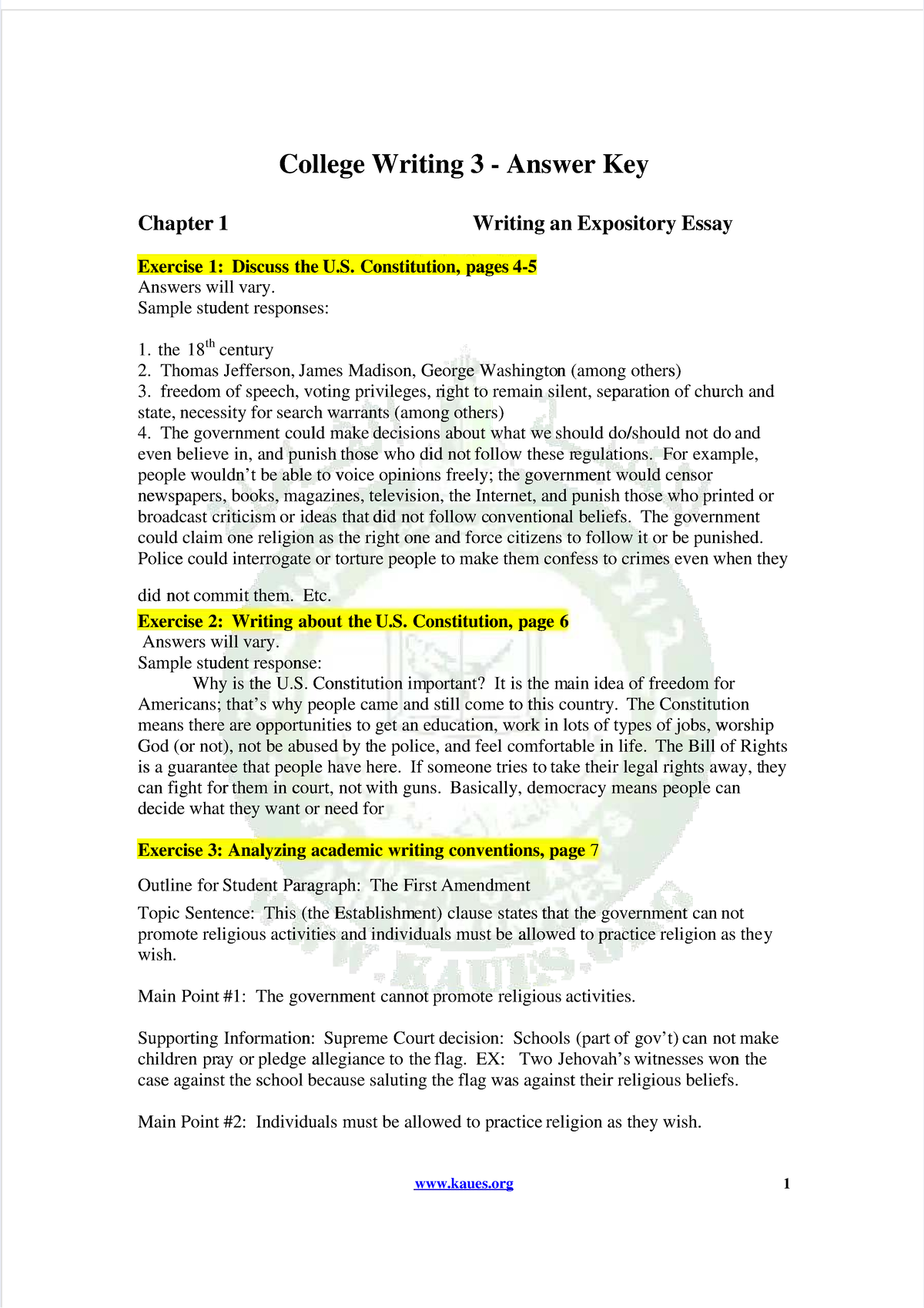 College Writing 3 answer key: chapter 1 expository essay exercises ...