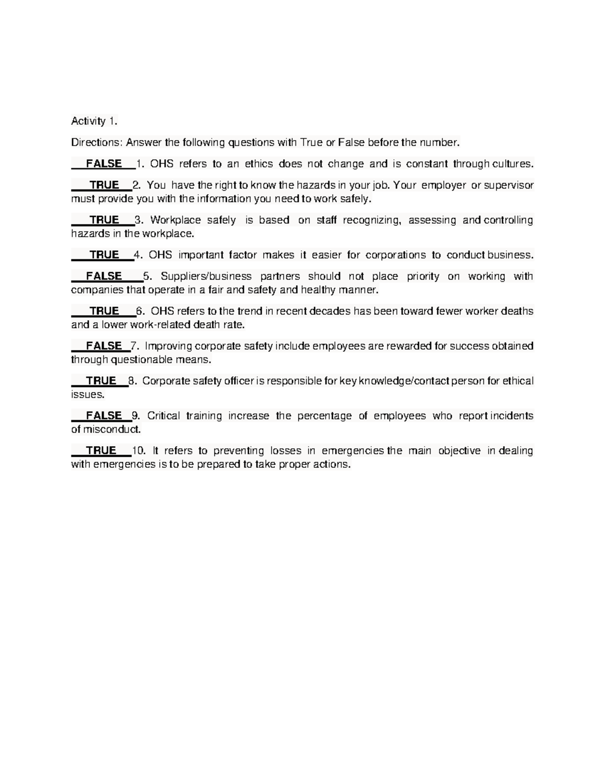 Basic ohs - Activity 1. Directions: Answer the following questions with ...