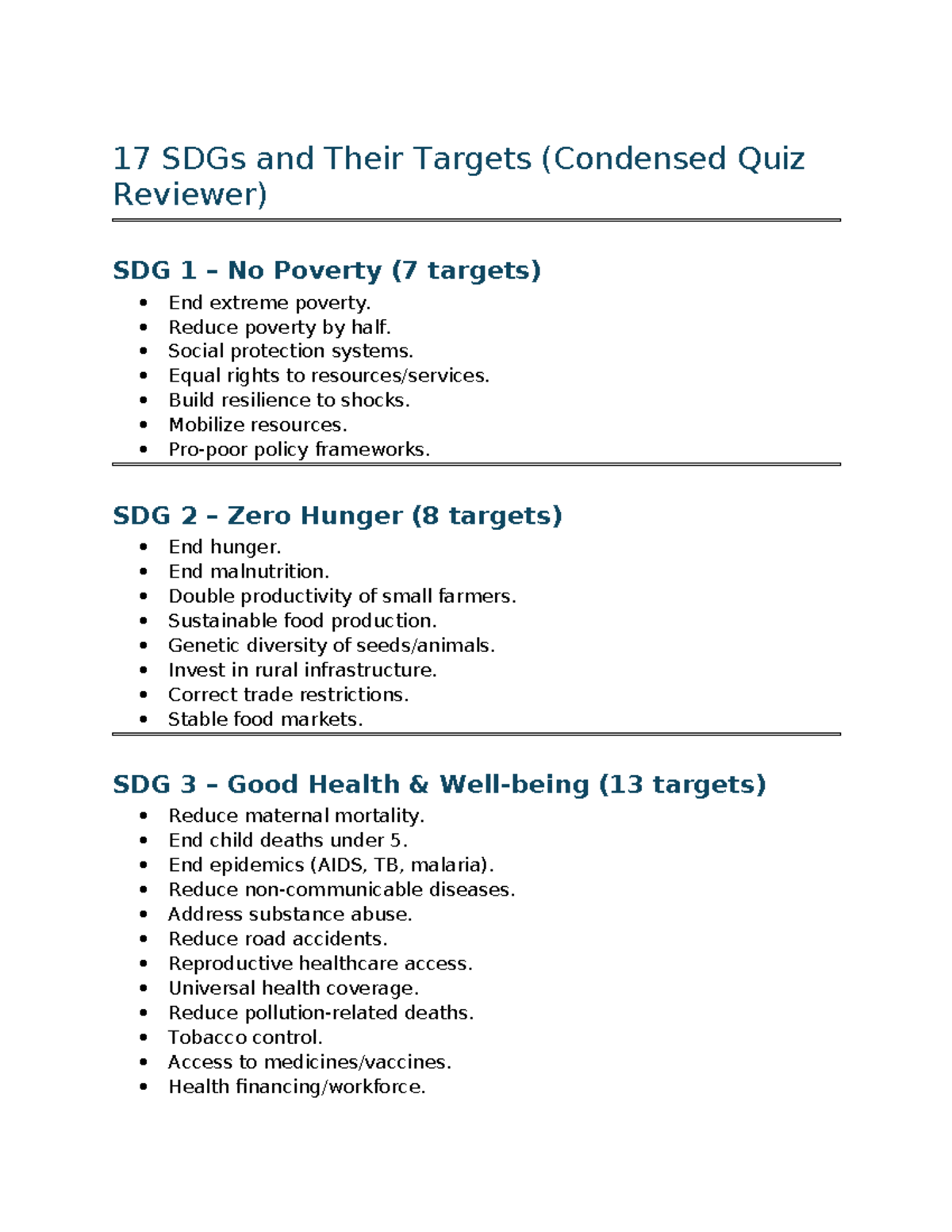 SDG Quiz Reviewer: 17 Sustainable Development Goals Overview - Studocu