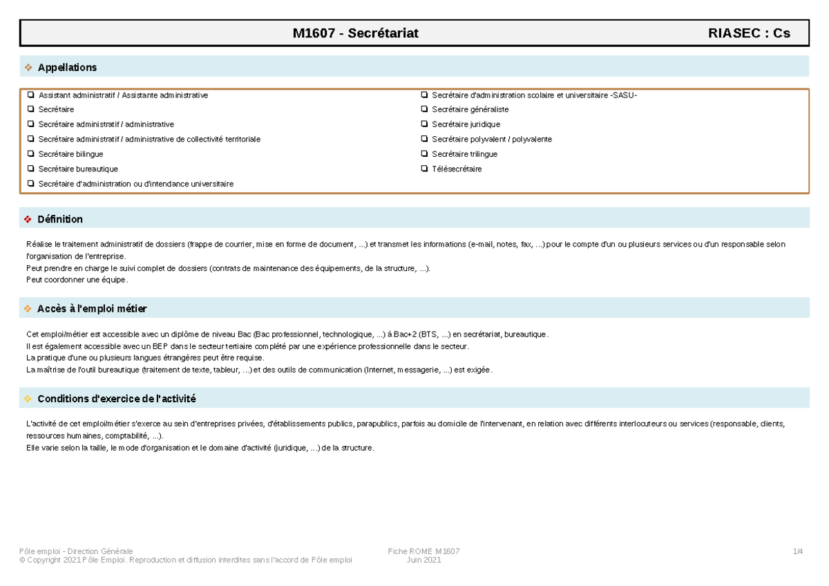 M1607 Fiche ROME : Secrétariat et Appellations Associées - Studocu