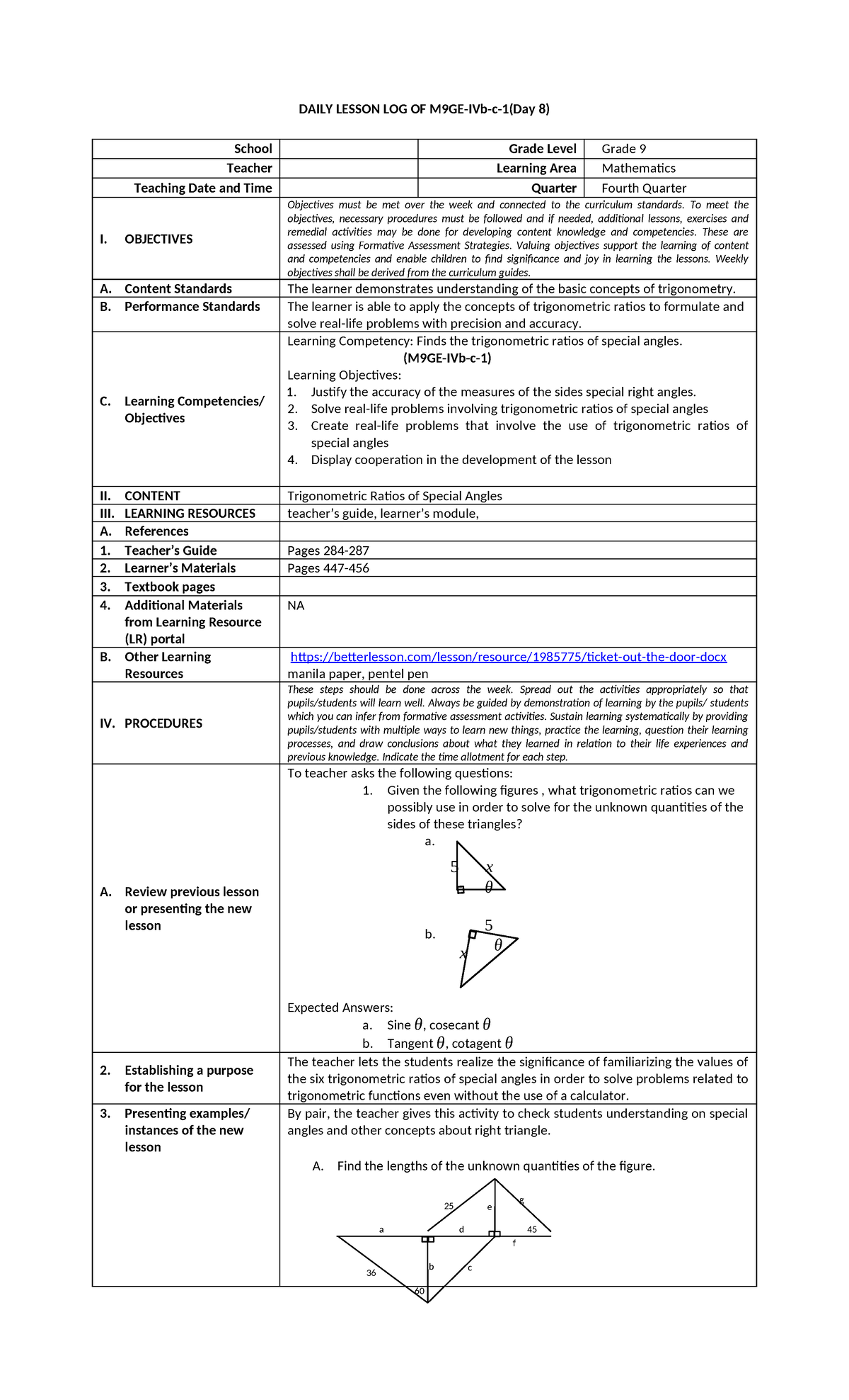 DAILY LESSON LOG: Grade 9 Math - Trigonometric Ratios (4th Qtr) - Studocu