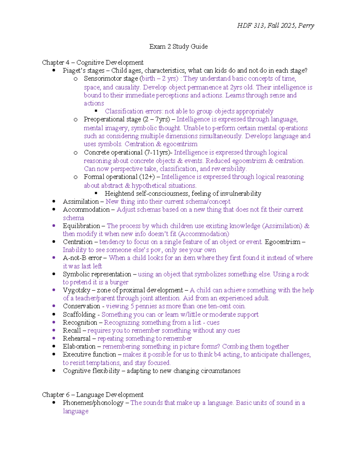 HDF 313, Fall 2025, Perry Exam 2 Study Guide: Child Development ...