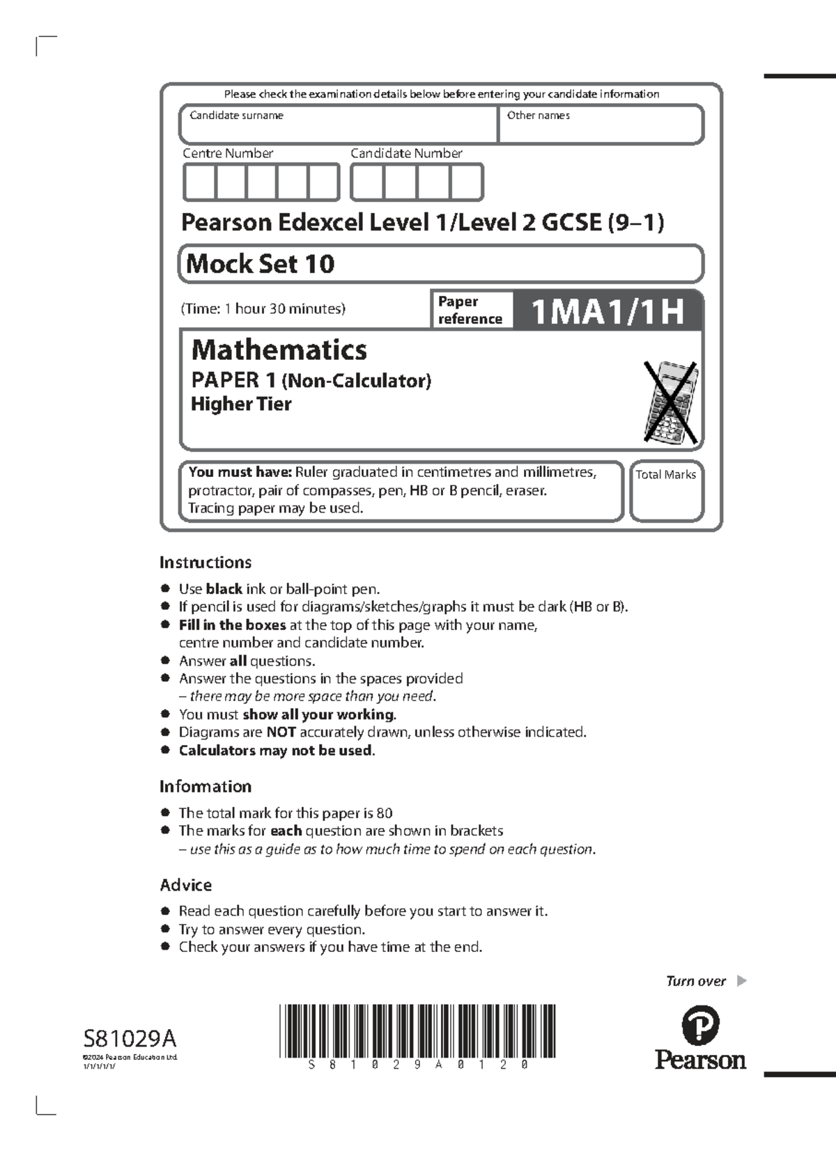 GCSE Maths Mock Set 10 1MA1 1H Question Paper - S81029A0120 Turn over ...