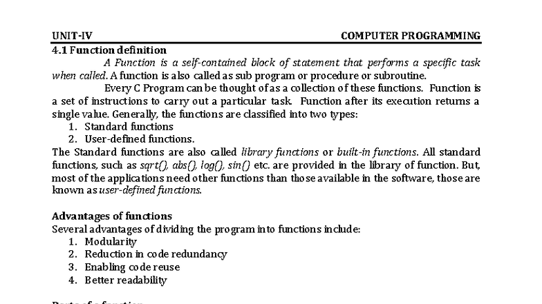 CSE 1 UNIT 4 - Function Definitions and Storage Classes in C - Studocu