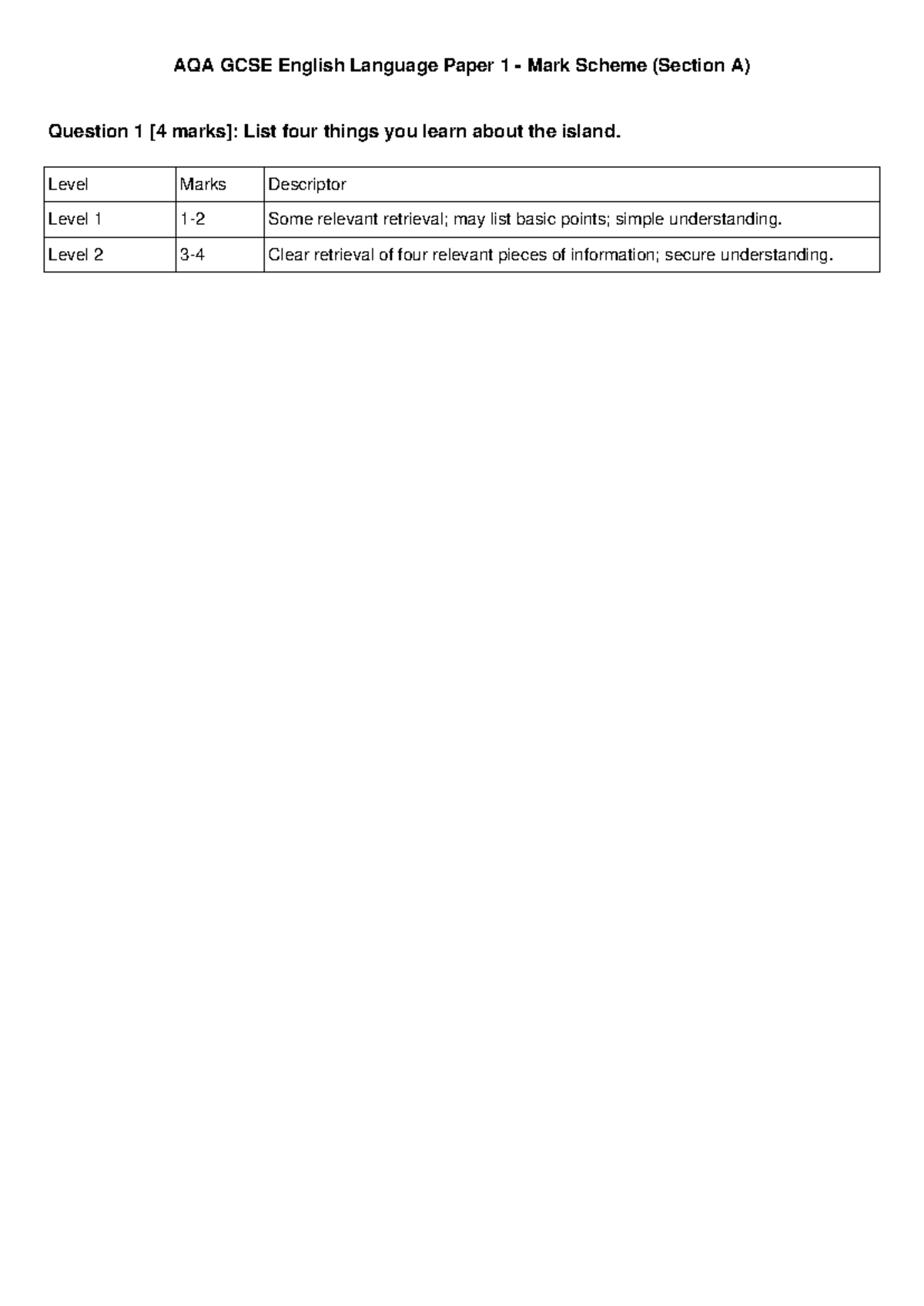 Aqa gcse english language paper 1 section A markscheme fixed - Question ...