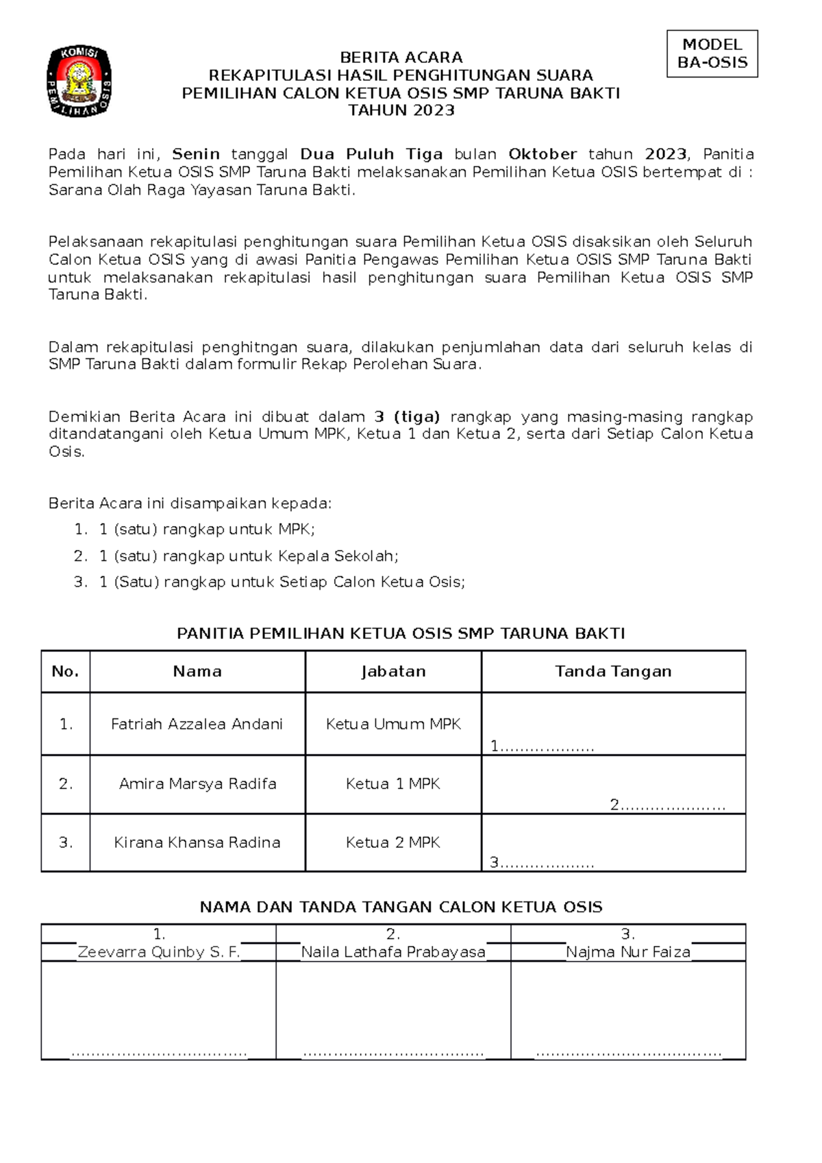 Berita Acara Rekapitulasi Suara Pemilihan Ketua OSIS SMP 2023 - Studocu