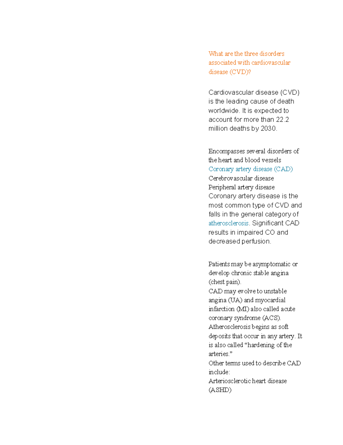 CAD - Summary of Cardiovascular Disease Disorders and Risk Factors ...