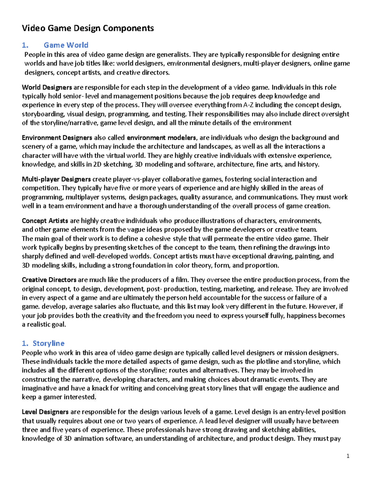 Video Game Design Components: Key Roles and Responsibilities - Studocu