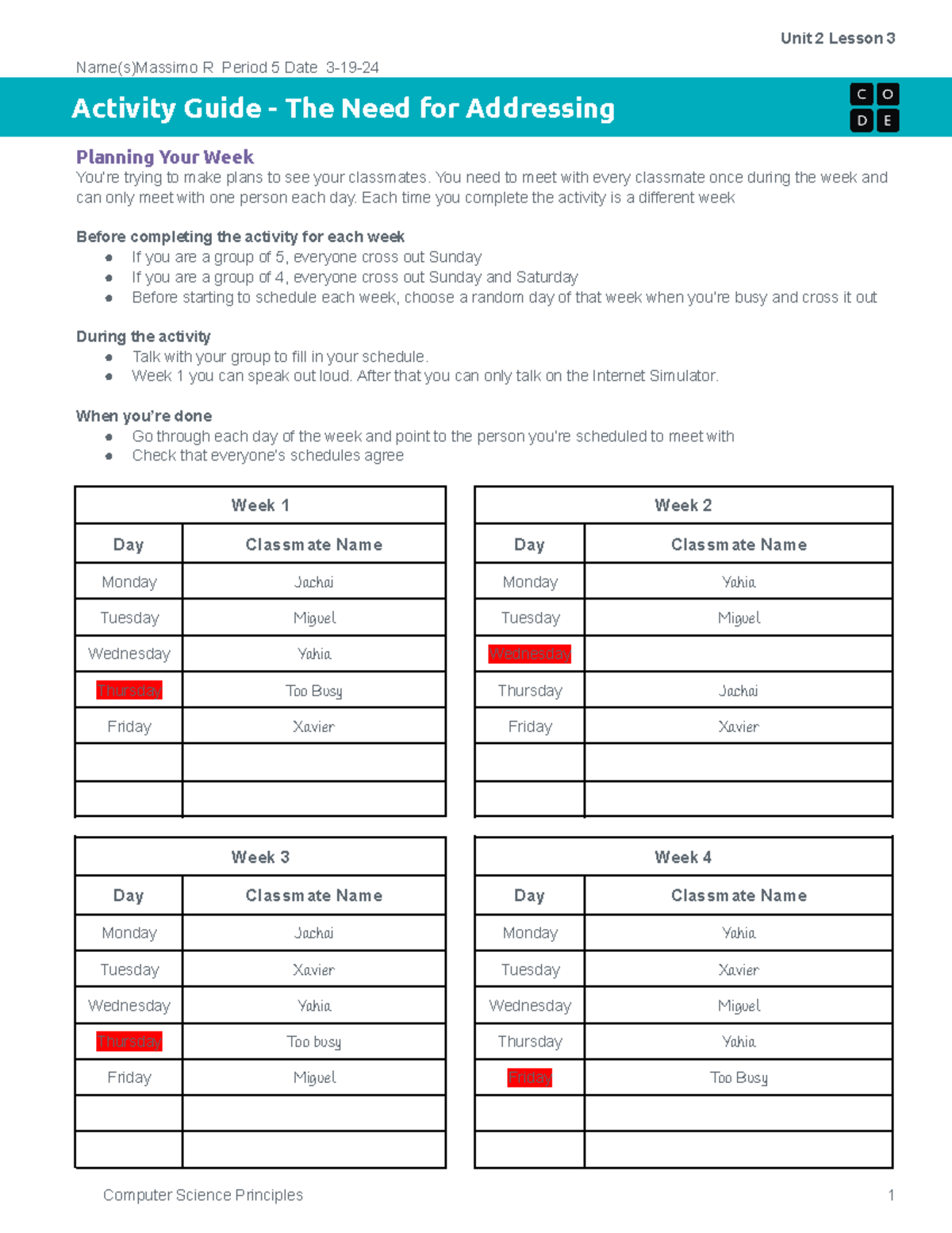 Activity Guide - Addressing Needs for CS Principles 1, Unit 2, Lesson 3 ...