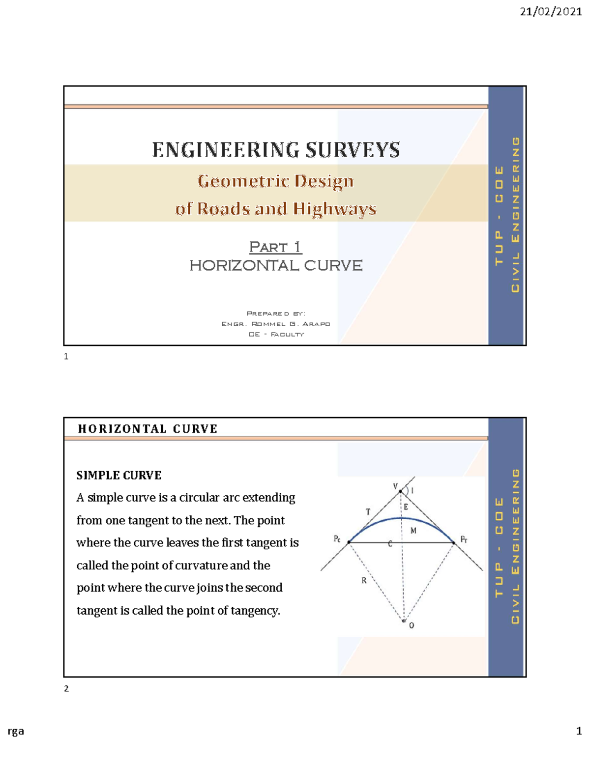 Surveying 2 - ENGR - Part 1 HORIZONTAL CURVE Prepared by: Engr. Rommel ...