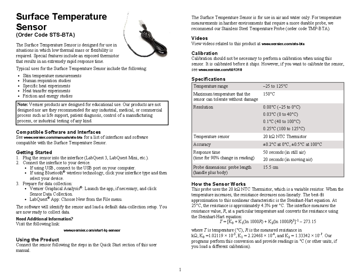 Surface Temperature Sensor (Order Code STS-BTA) Overview and Usage ...