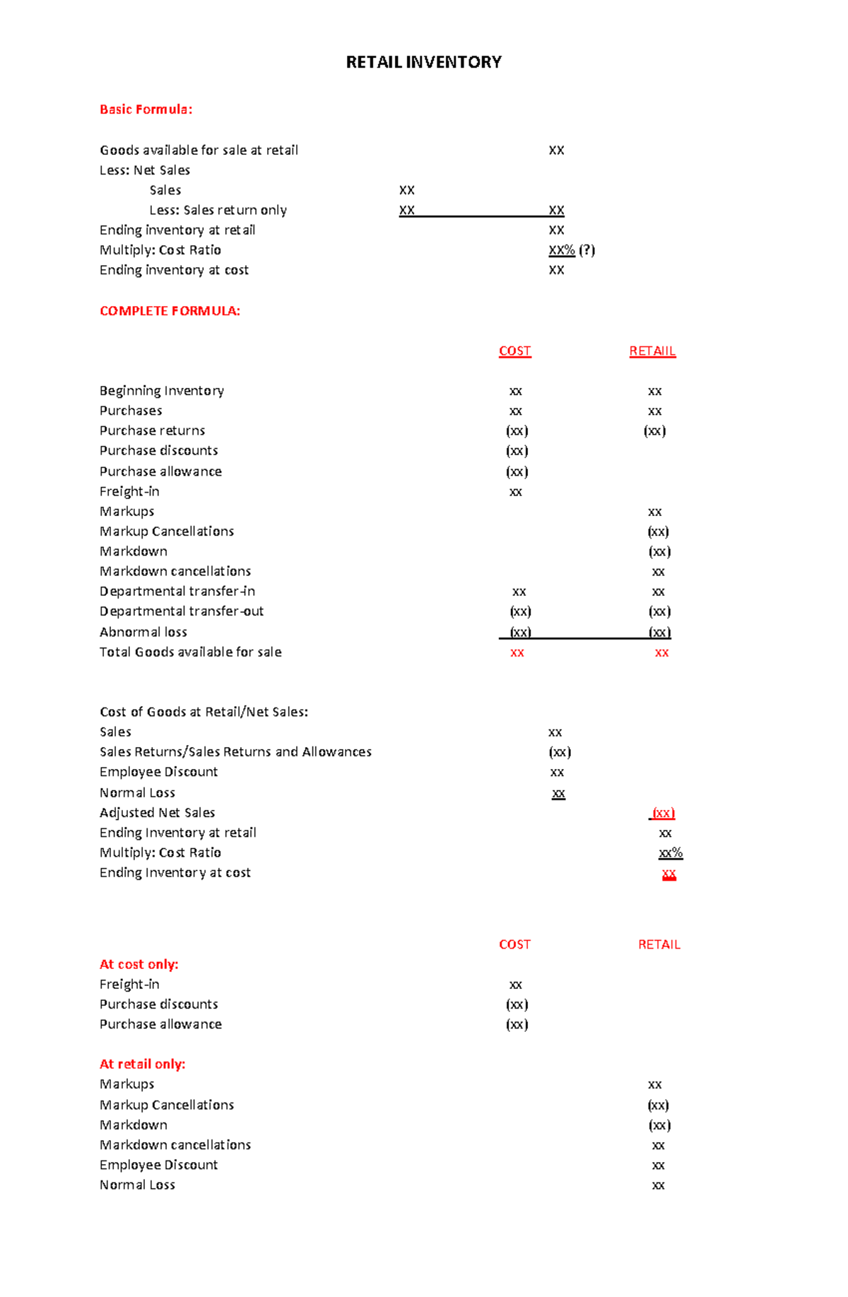 RETAIL-INV XX: Inventory Calculation & Cost Ratio Methods Summary - Studocu