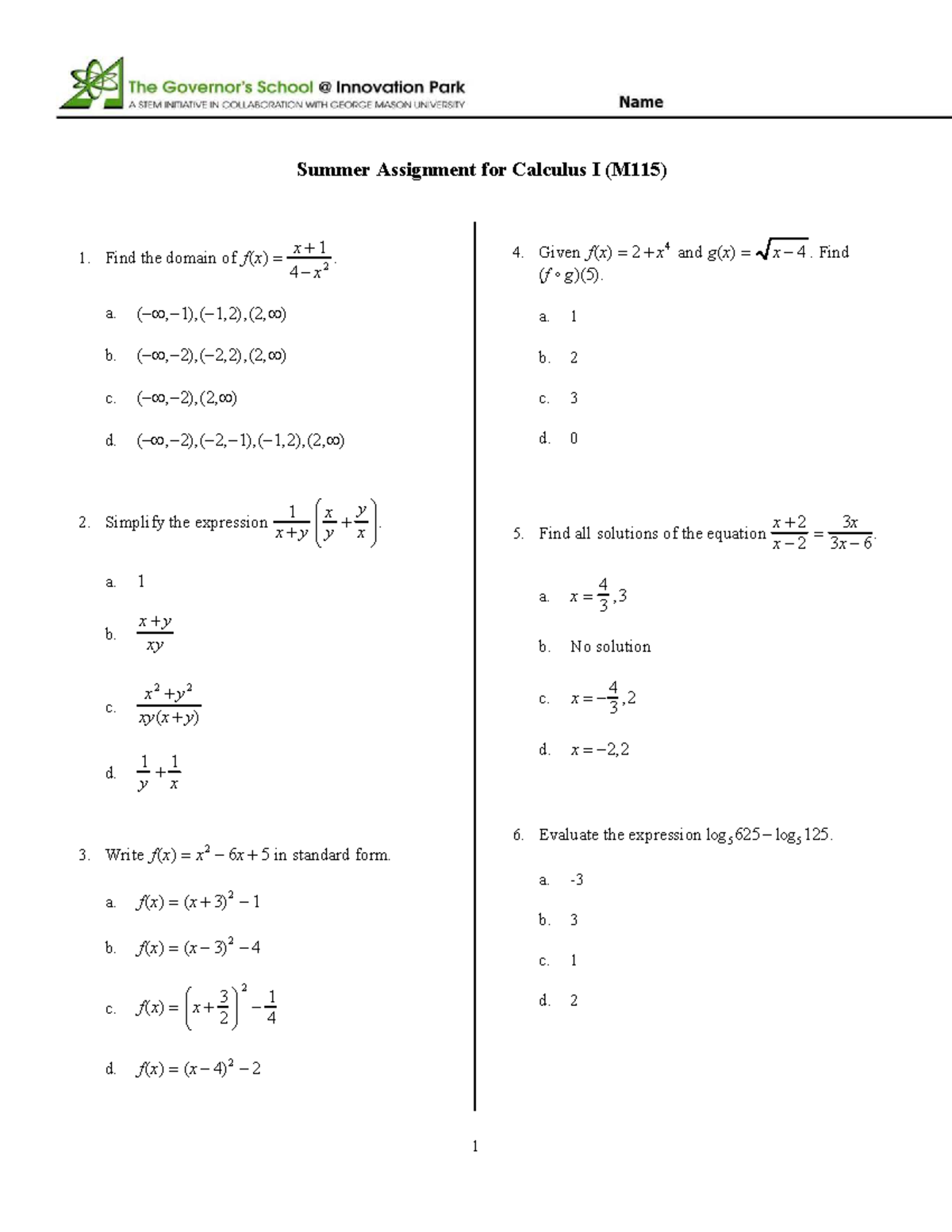 Calculus I Summer Assignment (M115) 2023: Problem Set - Studocu