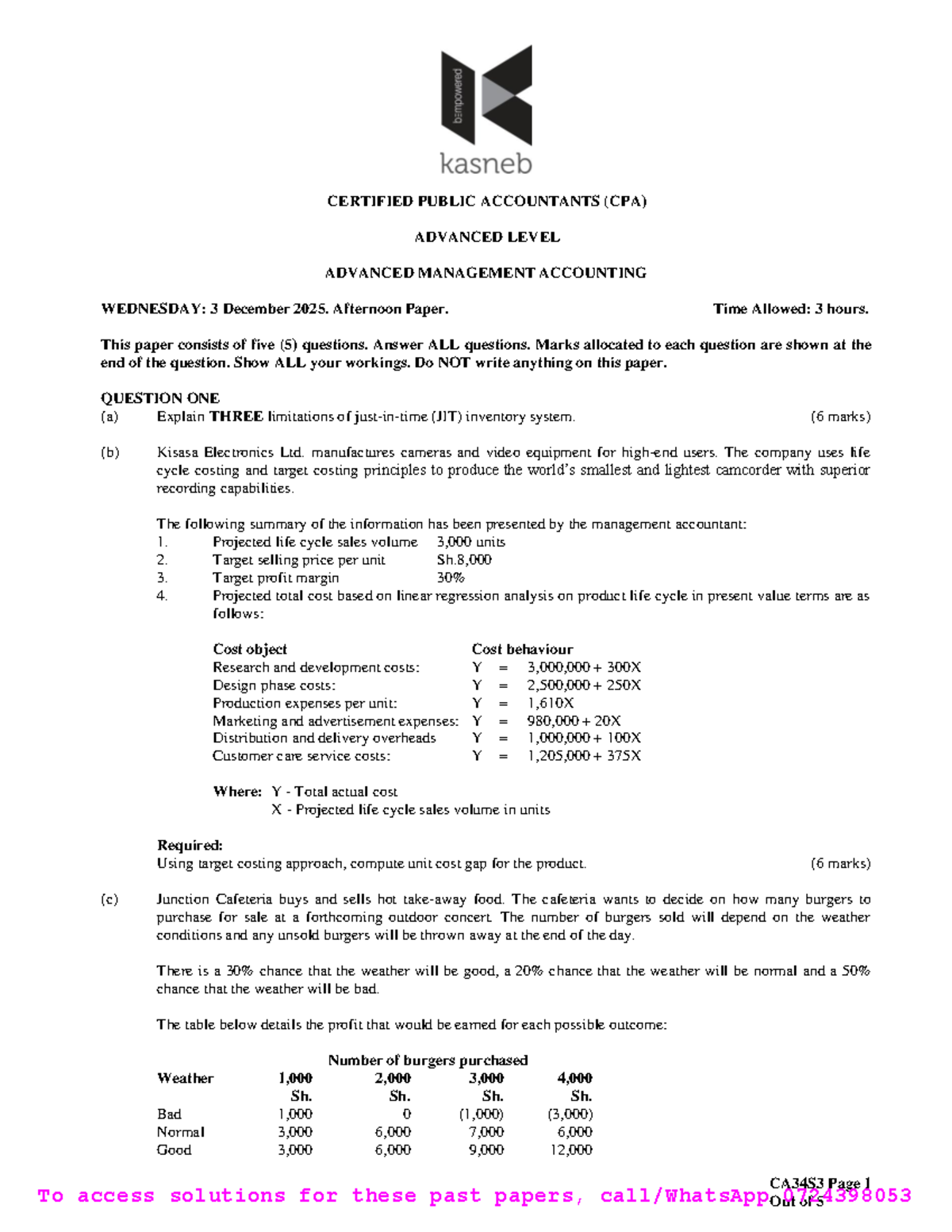 CPA ADVANCED LEVEL ADVANCED MANAGEMENT ACCOUNTING PAST PAPERS - DEC ...