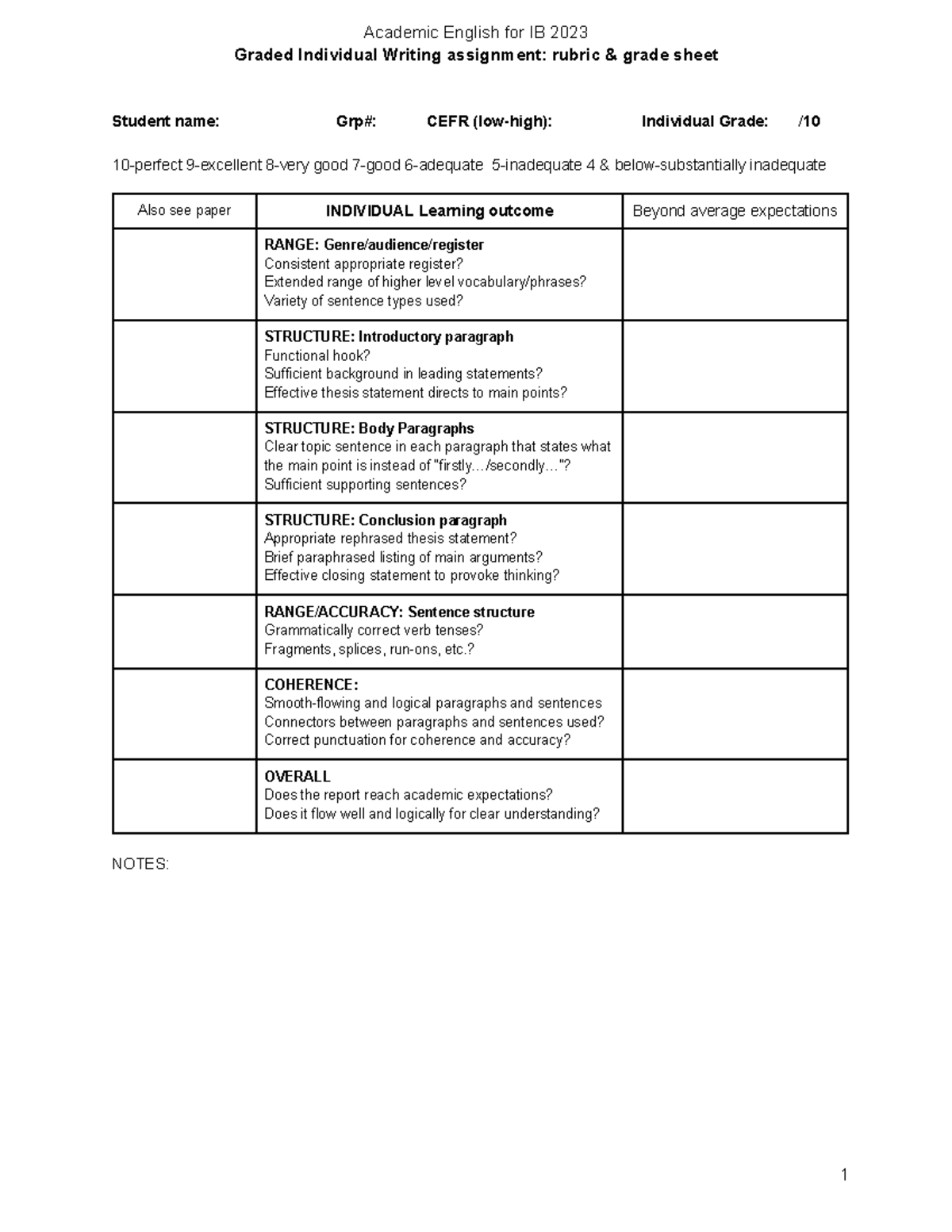Mock Exam - Academic English for IB: Individual Writing Grade Rubric ...