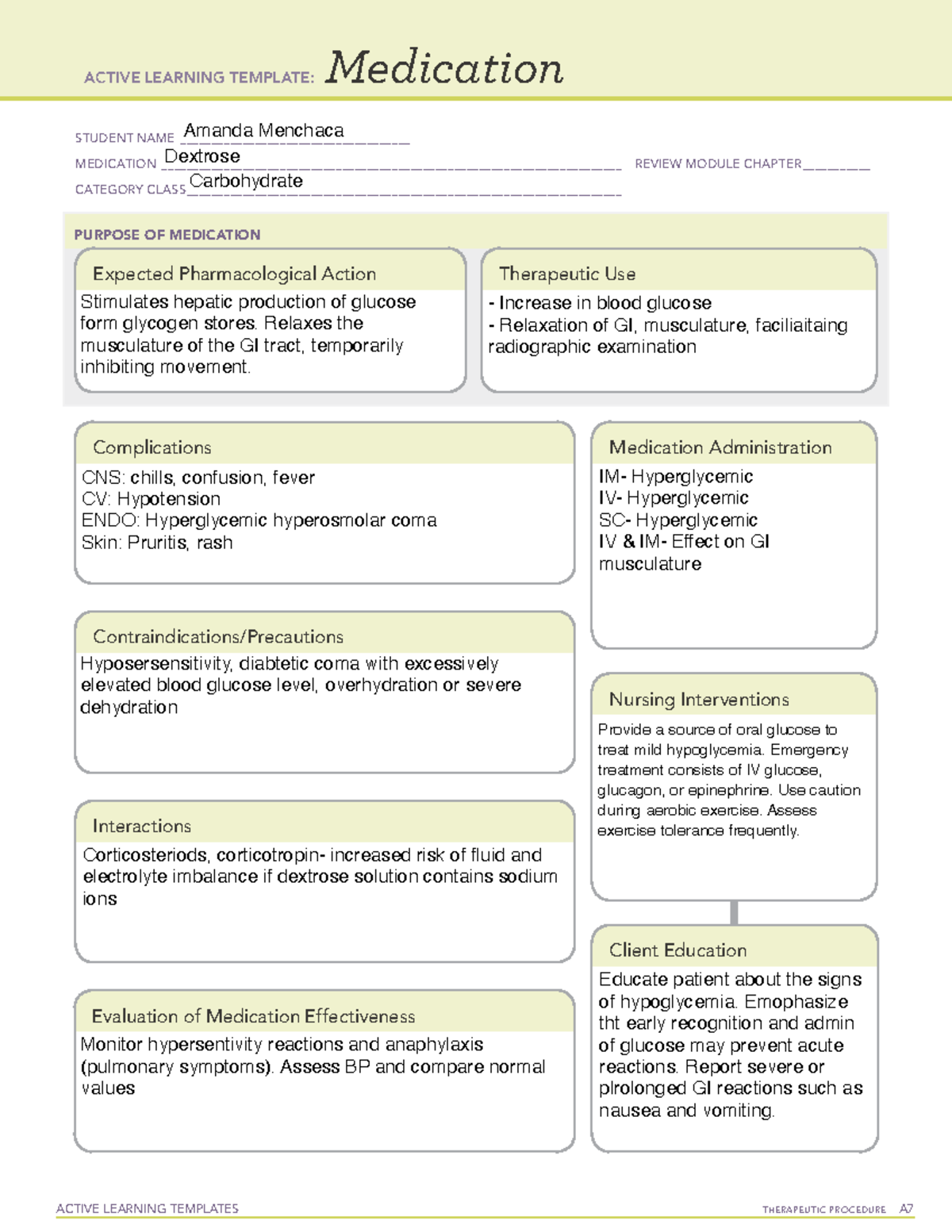 Dextrose-MED - ATI Medication Card Template for Active Learning - Studocu