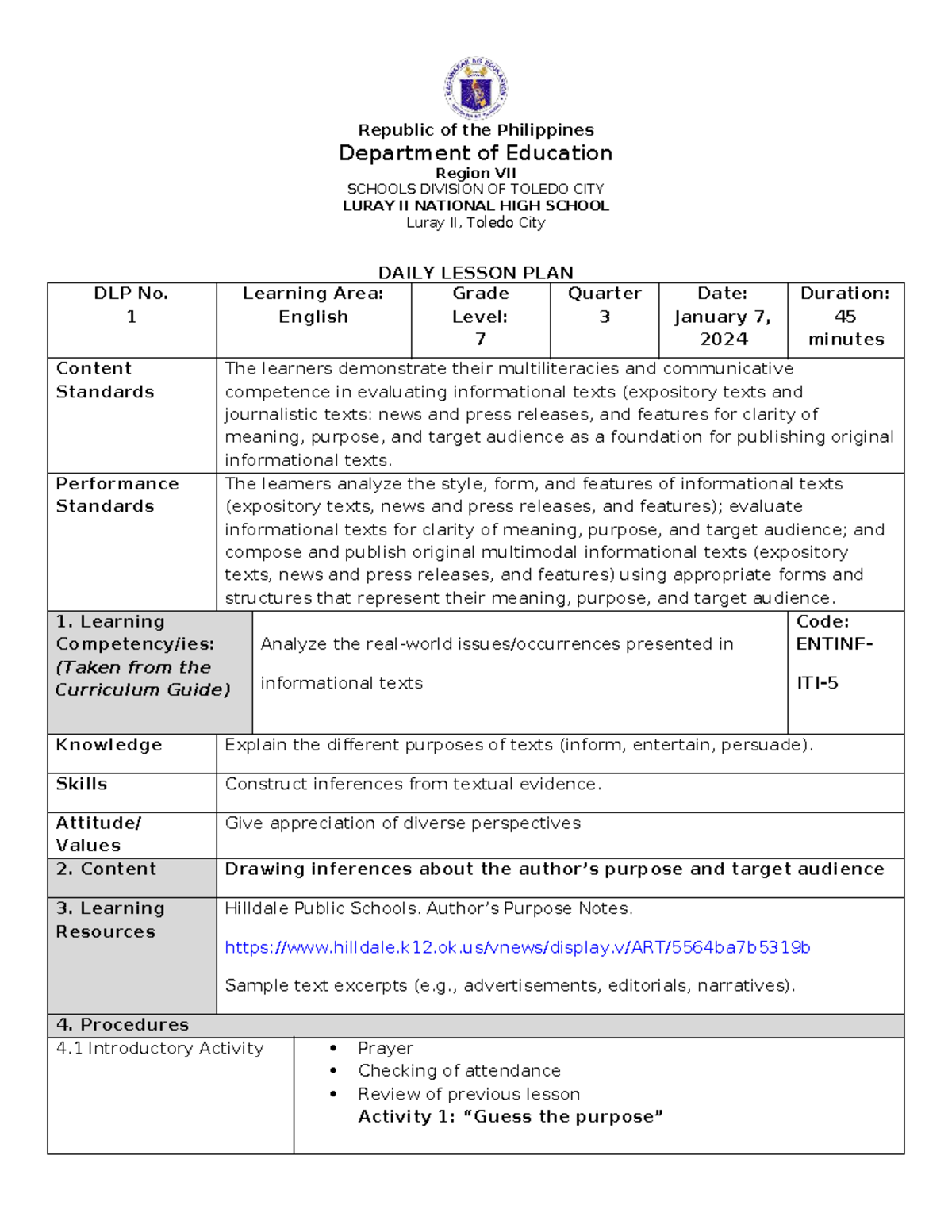 DLP No. 1: Detailed Lesson Plan for Grade 3 English - Analyzing Informational - Studocu